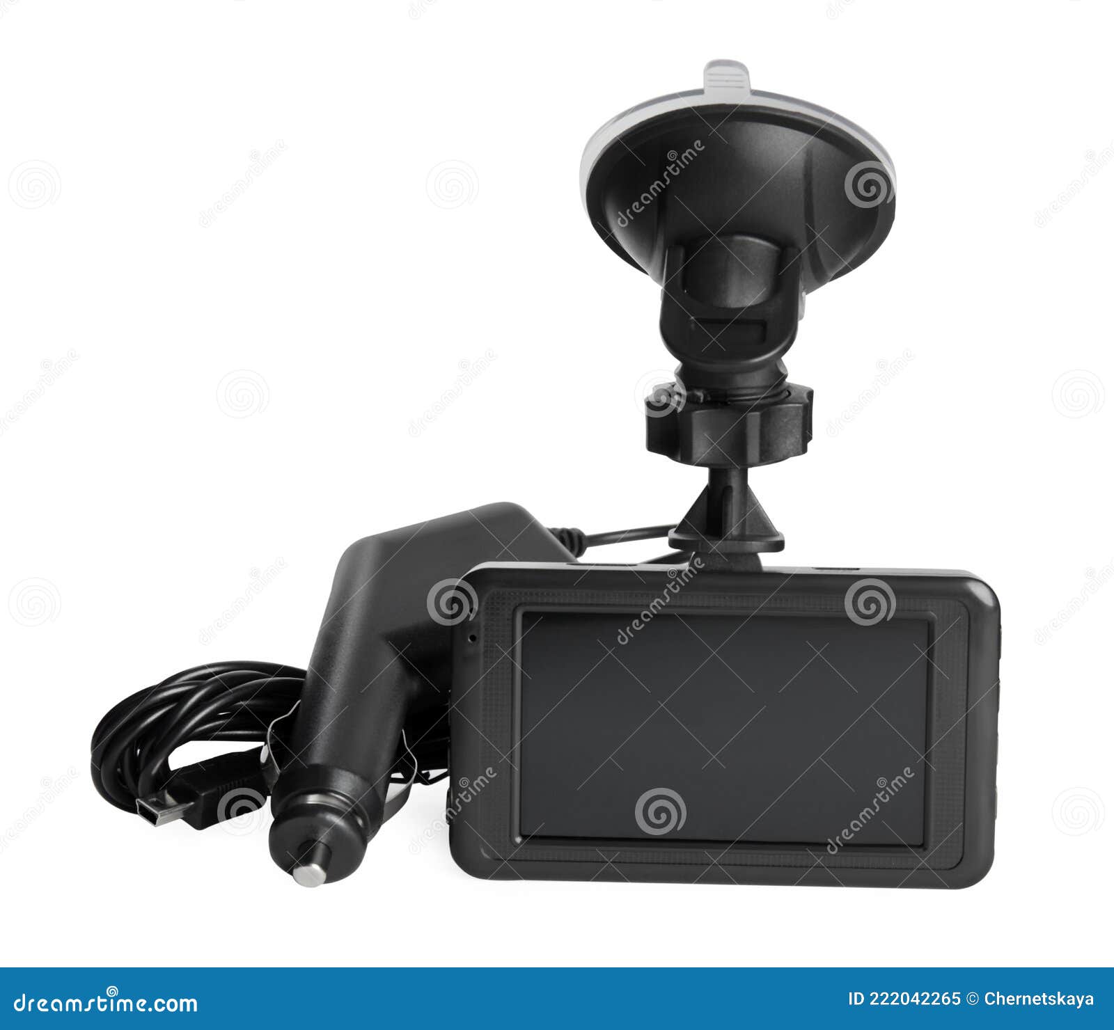 Modern Car Dashboard Camera with Suction Mount and Charger on White ...