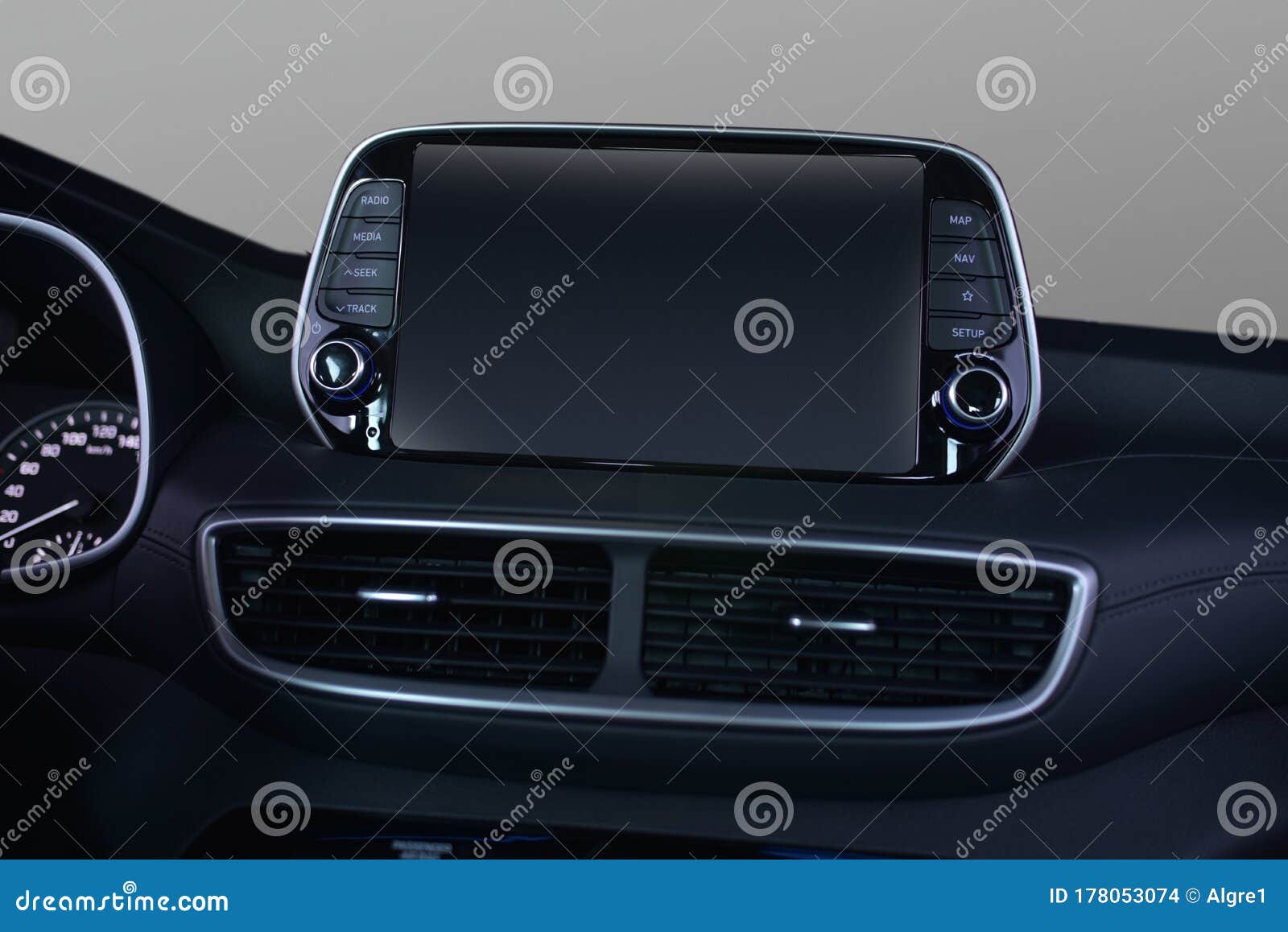 Screen Multimedia System on Dashboard in a Modern Car Stock Photo ...
