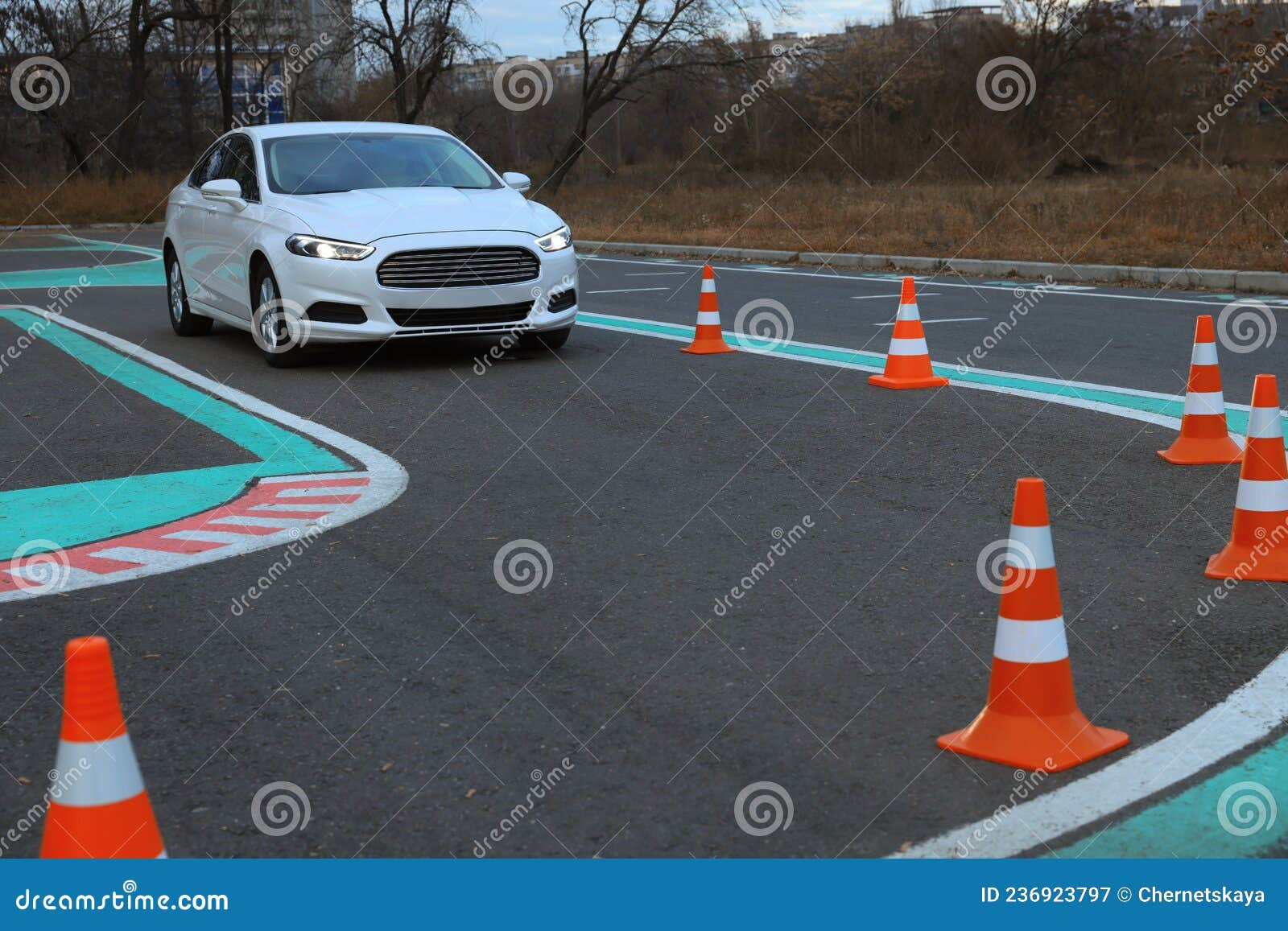 Modern Car on Driving School Test Track with Traffic Cones Stock Image ...