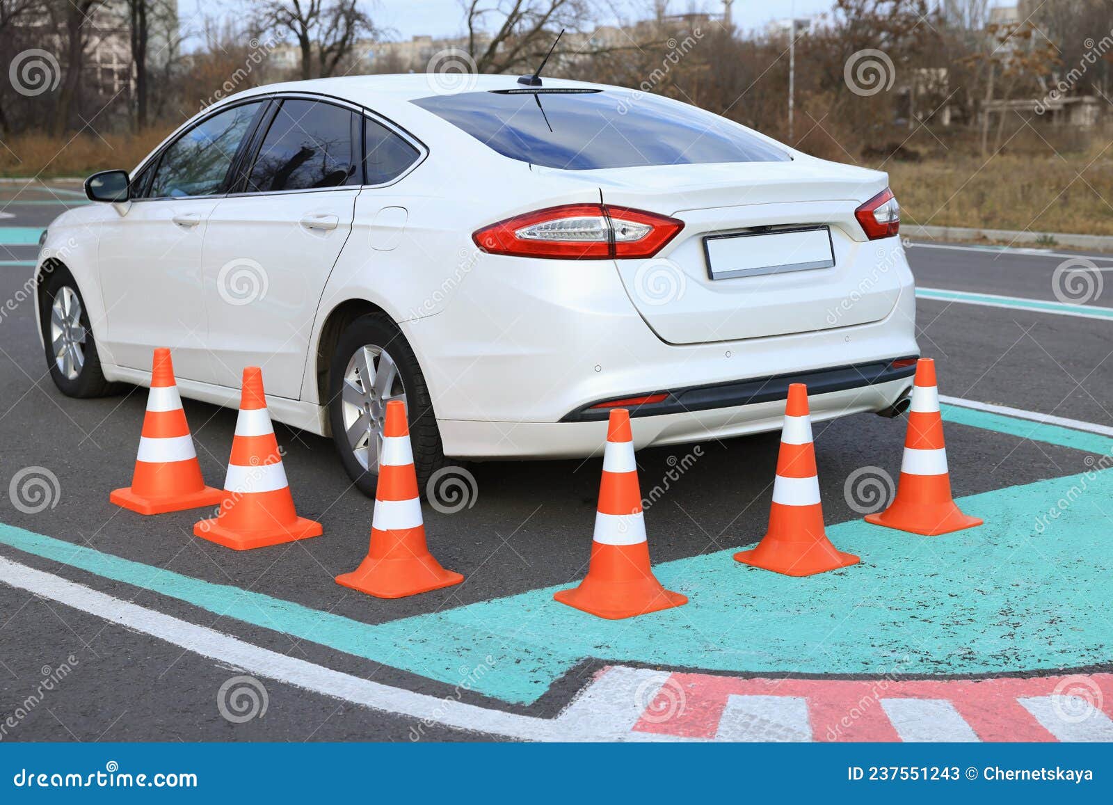 Modern Car on Driving School Test Track with Traffic Cones Stock Image ...