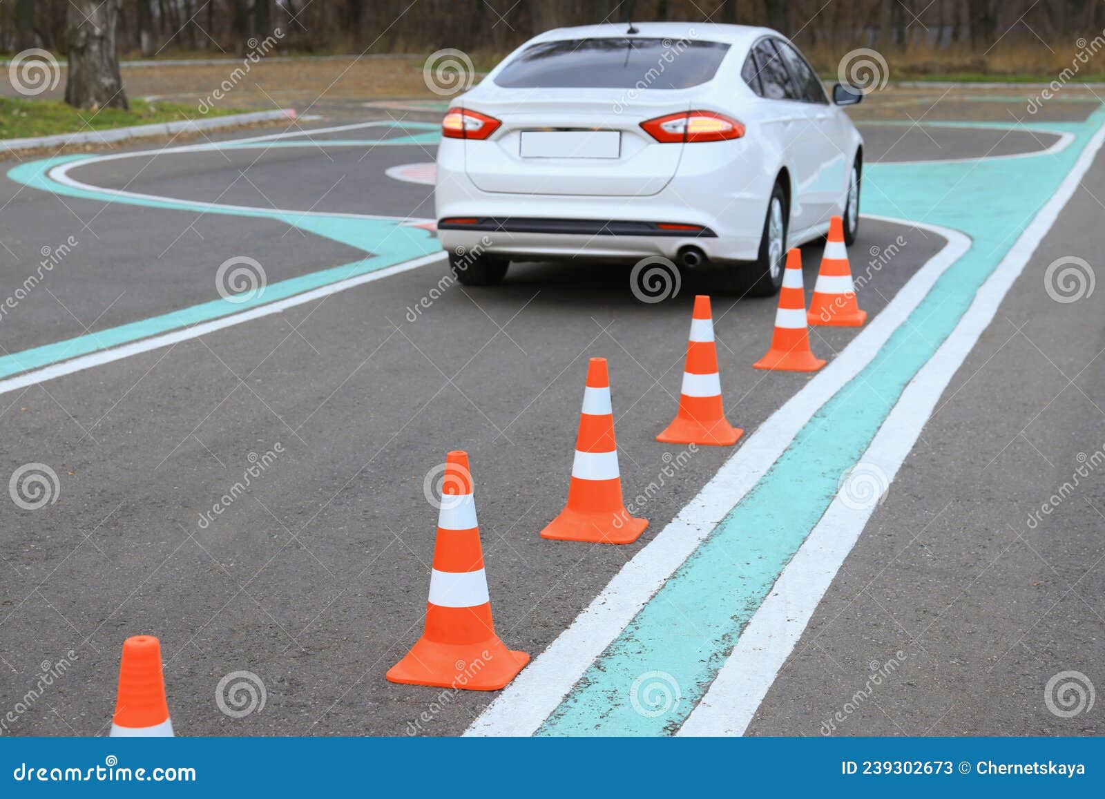 Modern Car on Driving School Test Track with Traffic Cones Stock Image ...