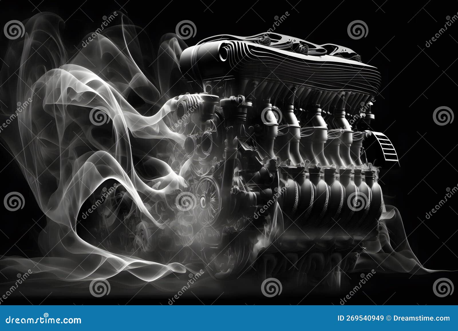 Modern Car Engine on Deep Solid Black Background. Neural Network ...