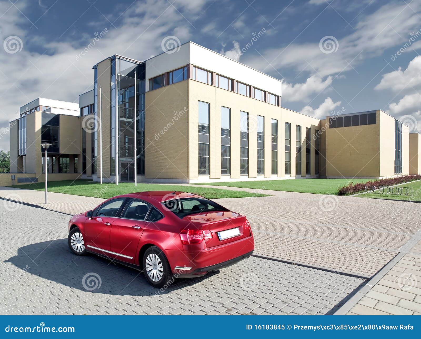 A Modern Car in Front of Modern Buildings. Stock Image - Image of ...