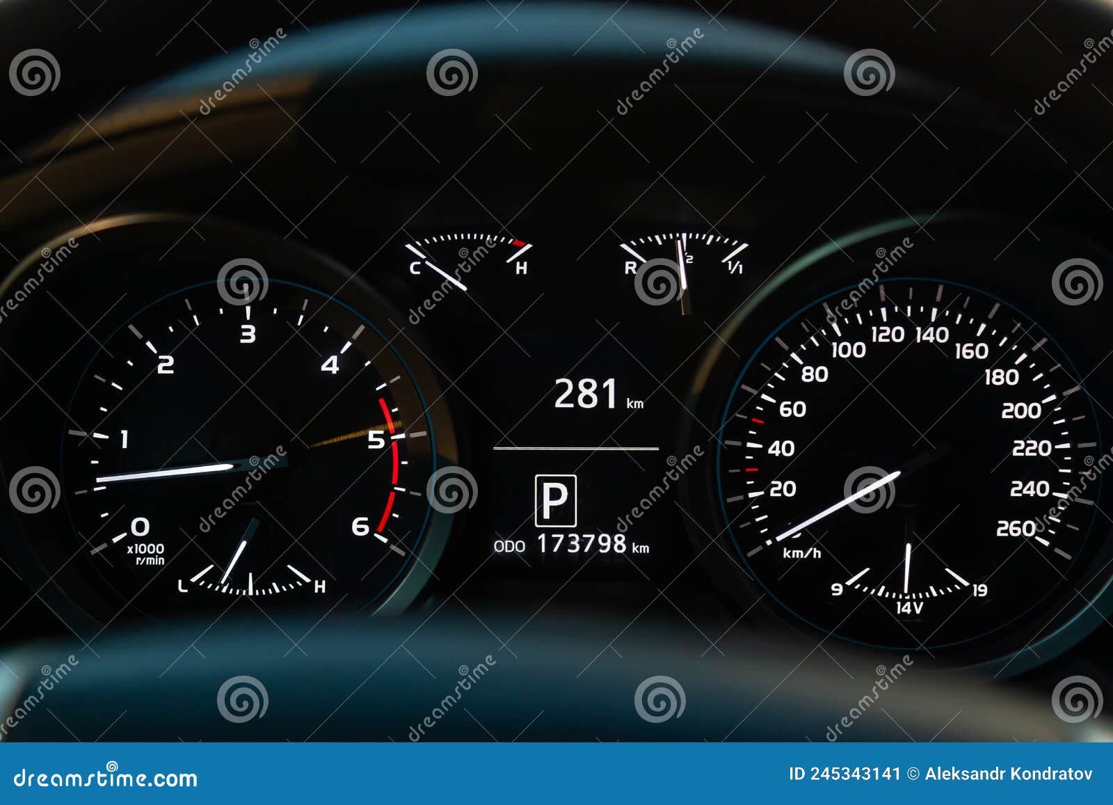 Modern Car Illuminated Dashboard Closeup. White Arrows on Speedometer ...