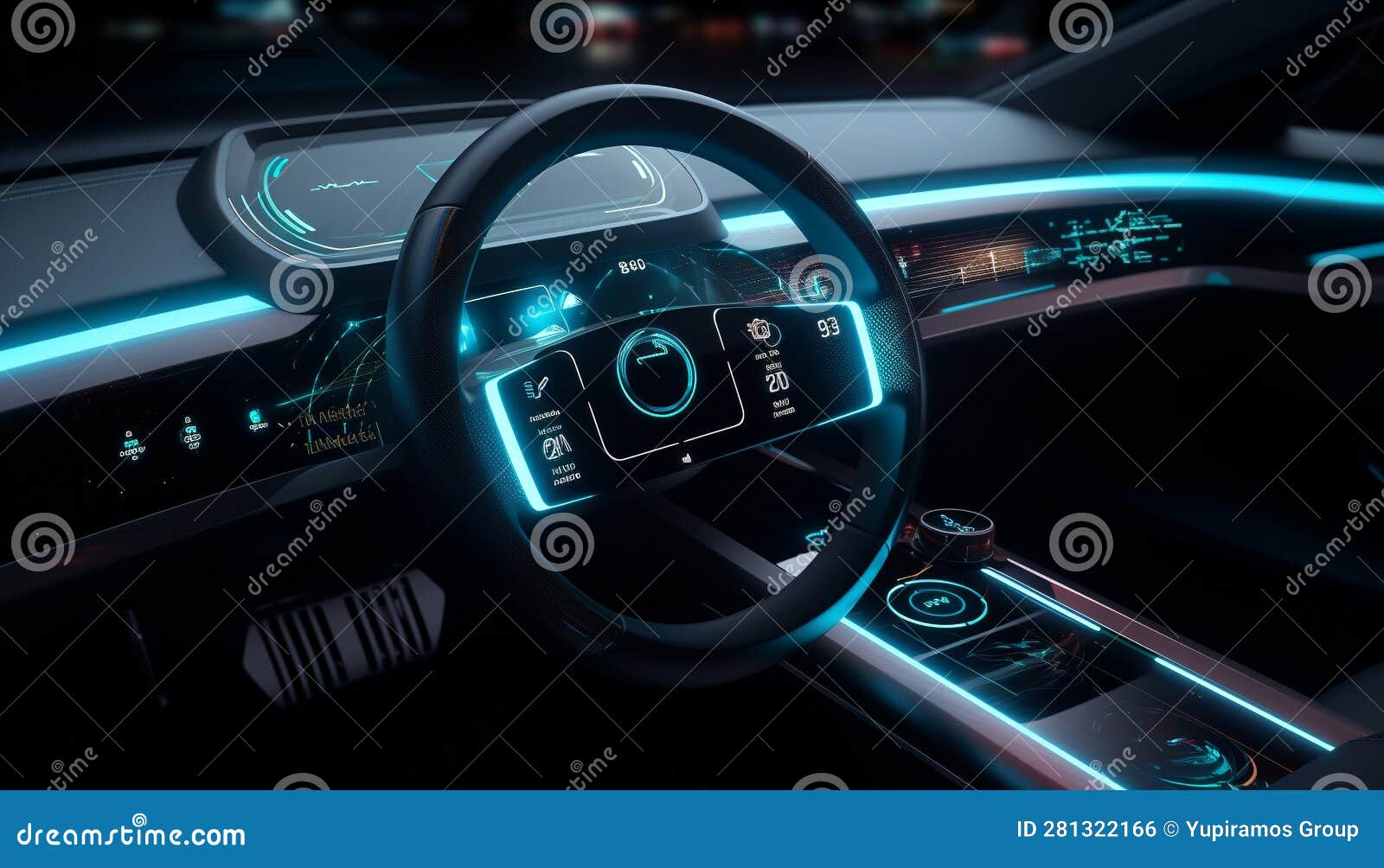 Modern Car Interior with Blue Control Panel and Shiny Technology ...