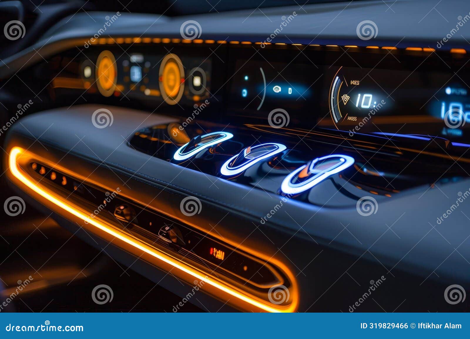 Modern Car Interior with Brightly Lit Dashboard, Display a Sleek ...