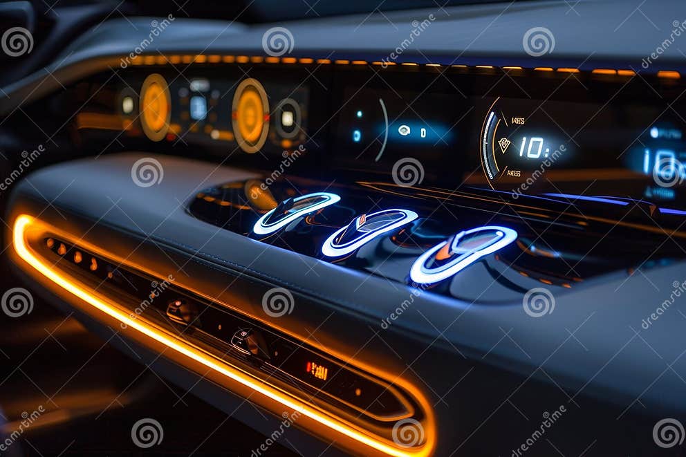 Modern Car Interior with Brightly Lit Dashboard, Display a Sleek ...
