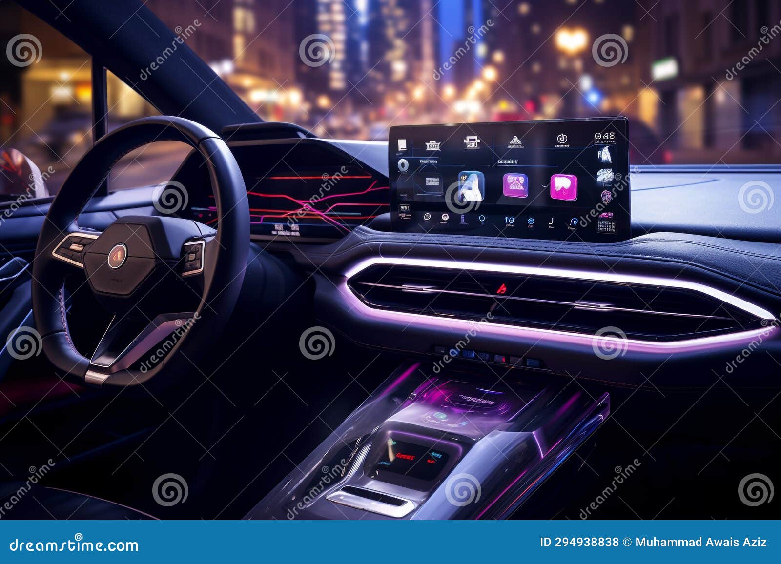 Modern Car Interior with Control Panel, Steering Wheel and Dashboard ...