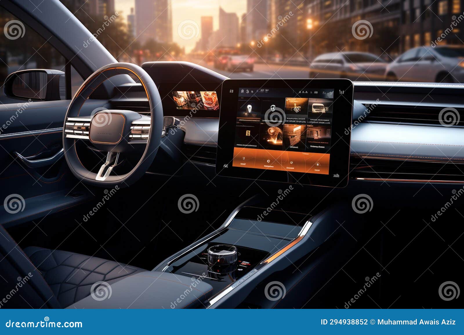 Modern Car Interior with Control Panel, Steering Wheel and Dashboard ...