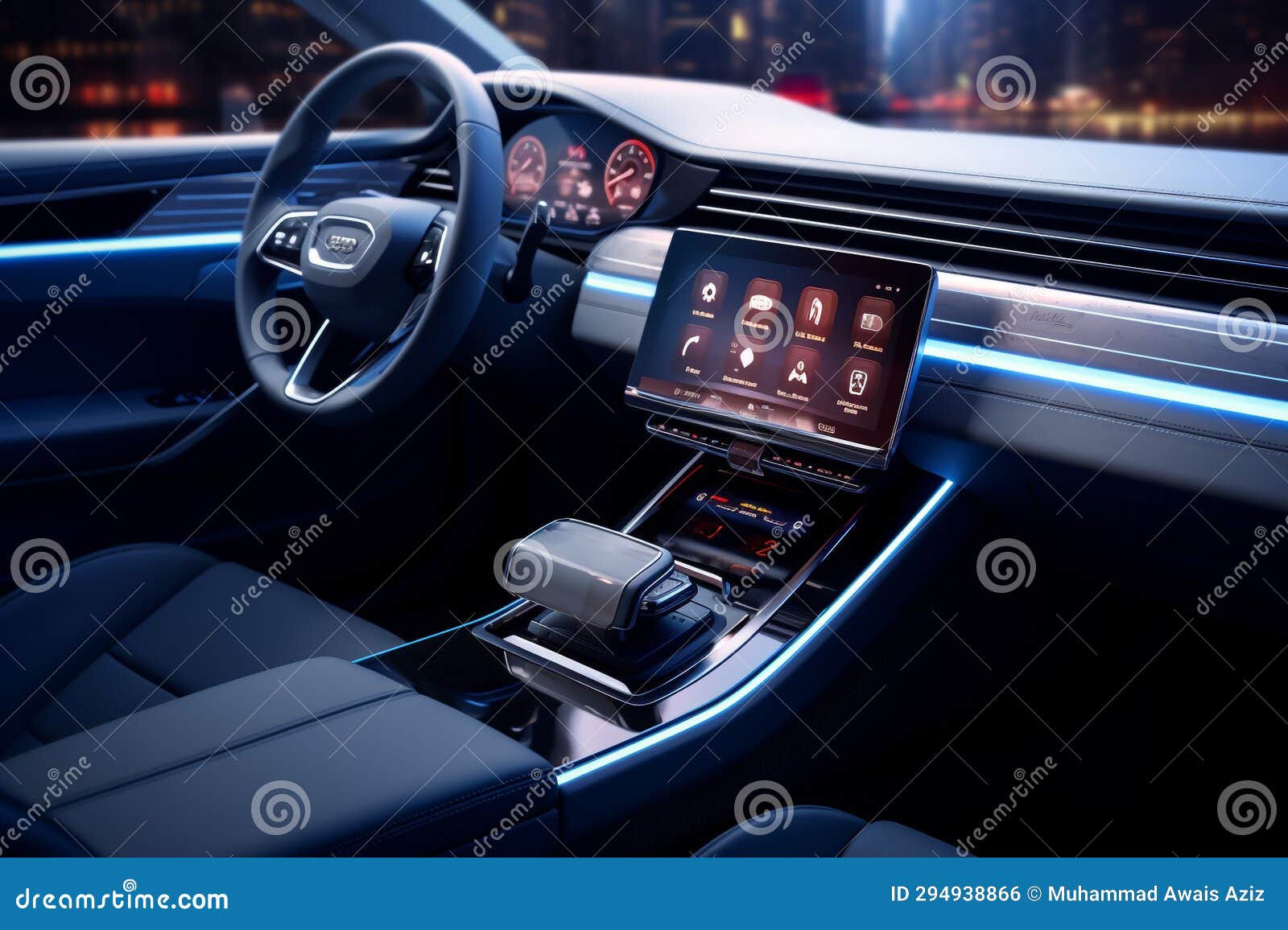Modern Car Interior with Control Panel, Steering Wheel and Dashboard ...