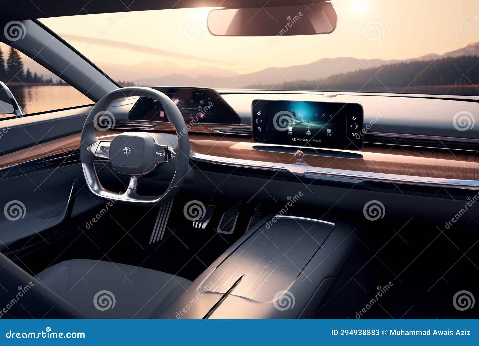 Modern Car Interior with Control Panel, Steering Wheel and Dashboard ...