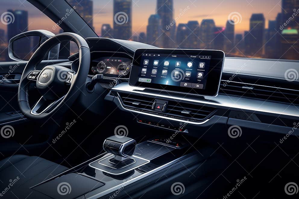 Modern Car Interior with Control Panel, Steering Wheel and Dashboard ...