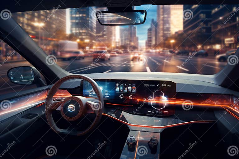 Modern Car Interior with Control Panel, Steering Wheel and Dashboard ...