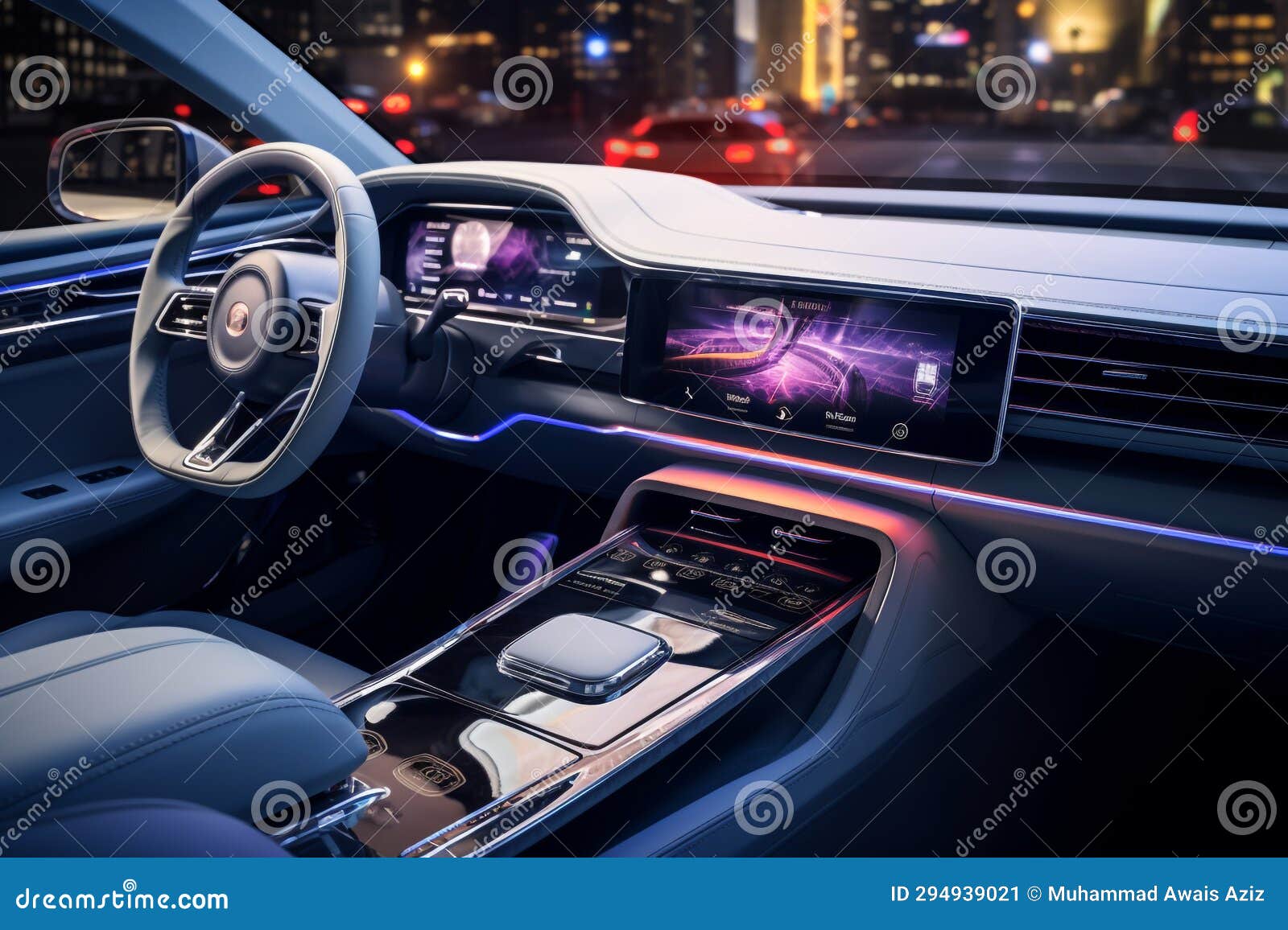 Modern Car Interior with Control Panel, Steering Wheel and Dashboard ...