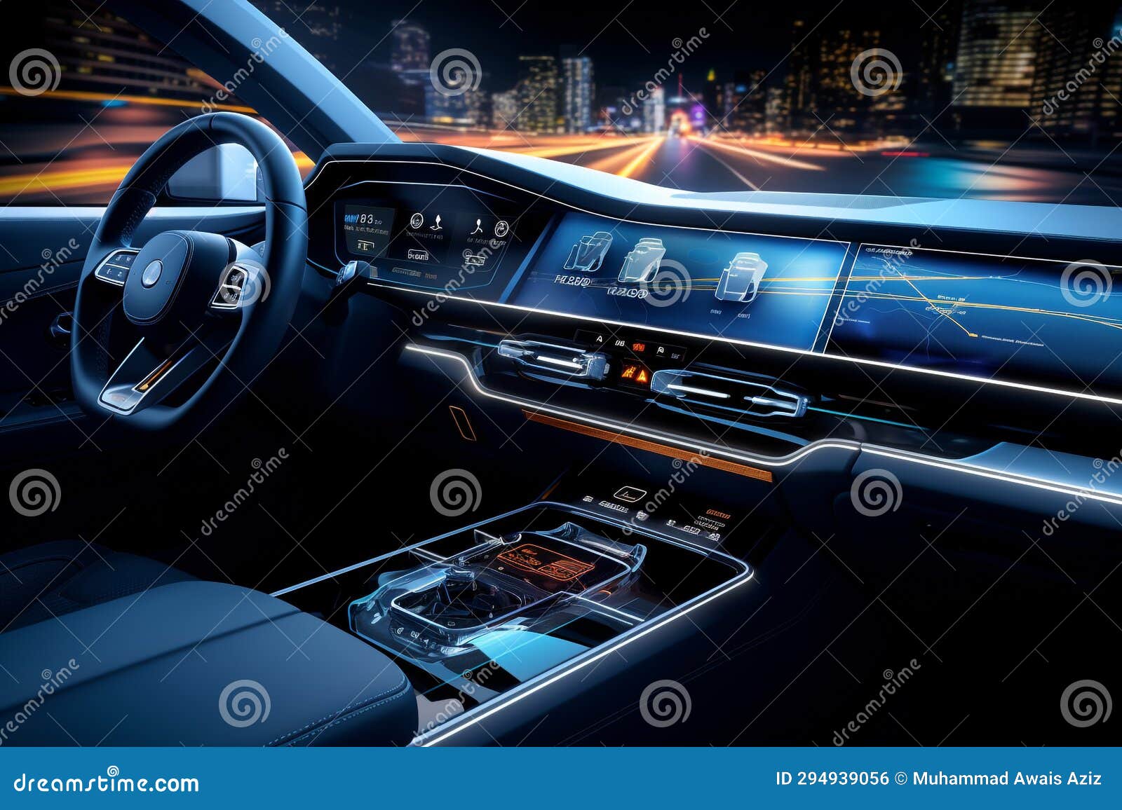 Modern Car Interior with Control Panel, Steering Wheel and Dashboard ...