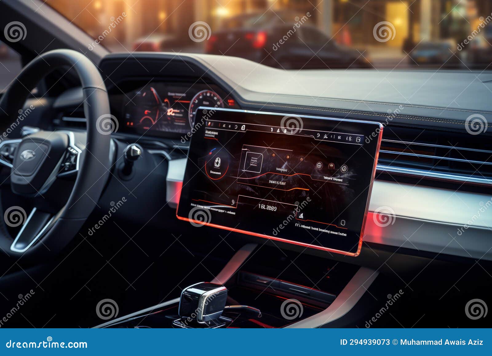 Modern Car Interior with Control Panel, Steering Wheel and Dashboard ...