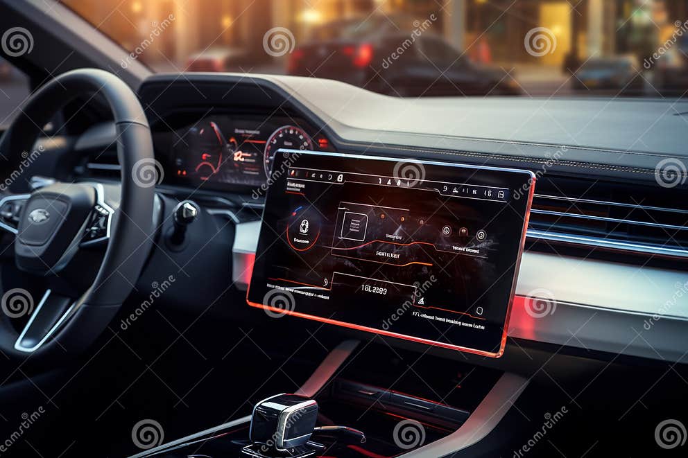 Modern Car Interior with Control Panel, Steering Wheel and Dashboard ...