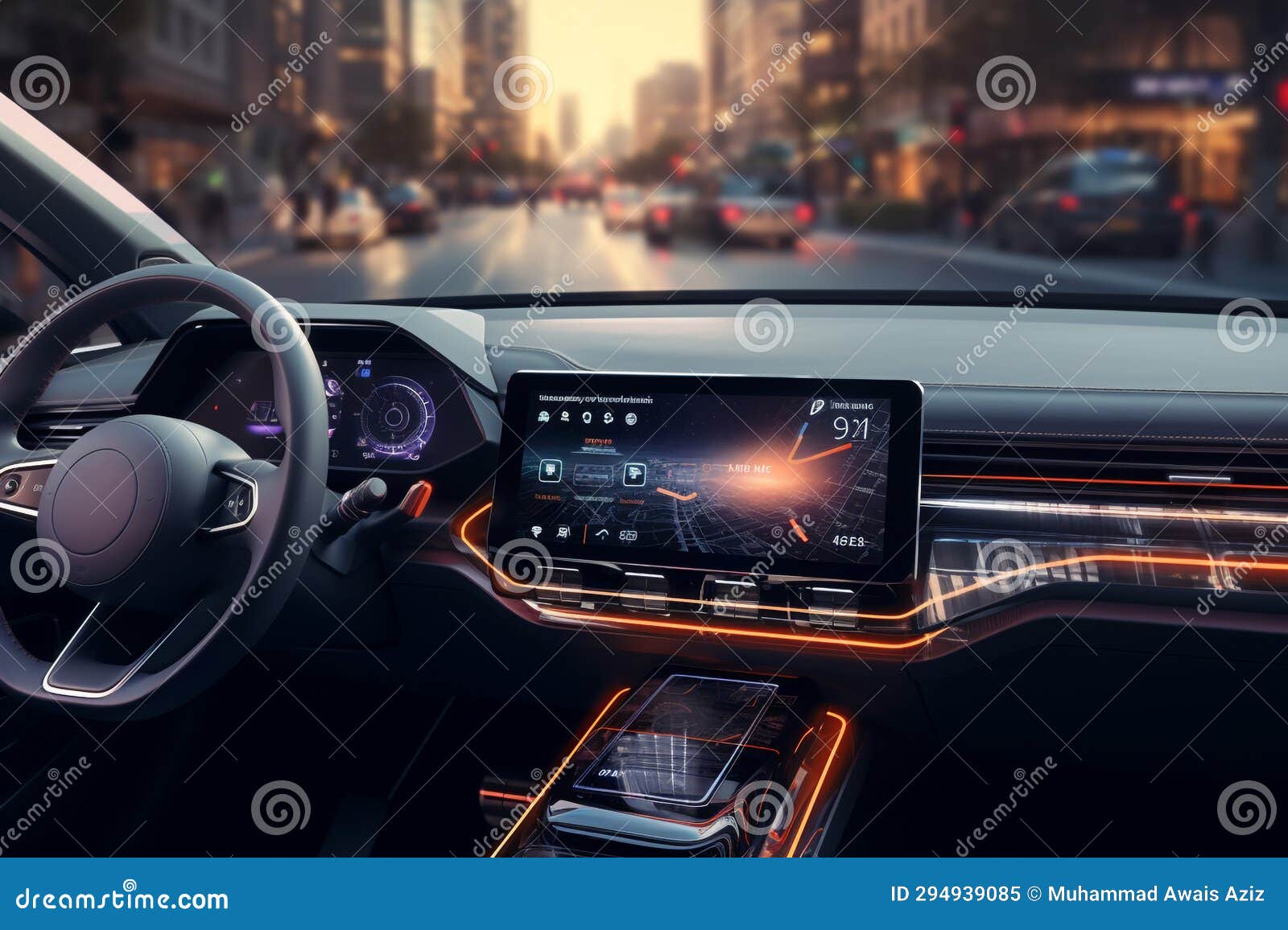 Modern Car Interior with Control Panel, Steering Wheel and Dashboard ...