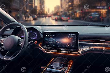 Modern Car Interior with Control Panel, Steering Wheel and Dashboard ...