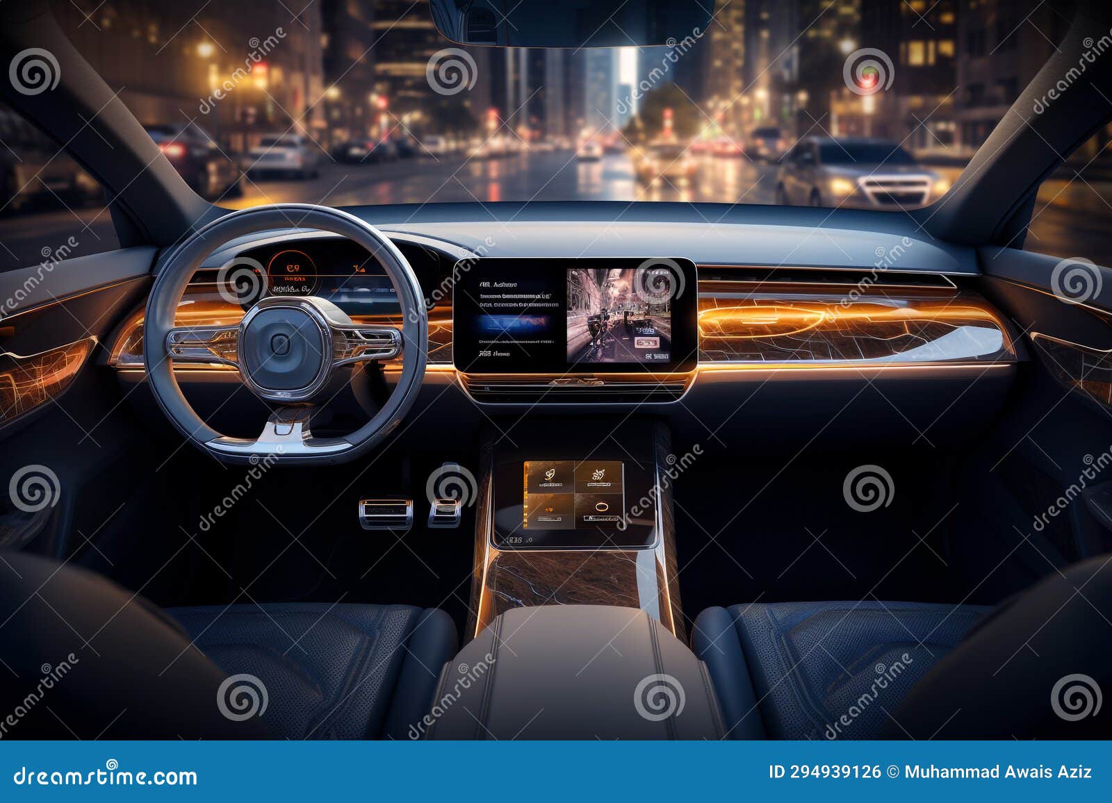 Modern Car Interior with Control Panel, Steering Wheel and Dashboard ...