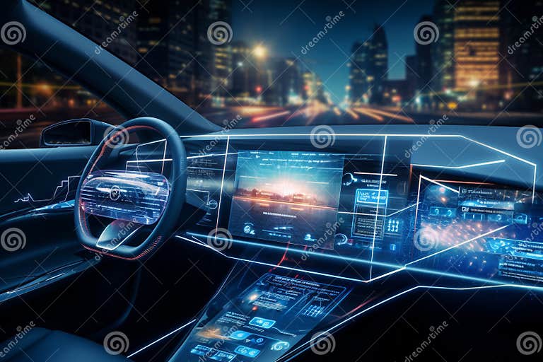 Modern Car Interior with Control Panel, Steering Wheel and Dashboard ...