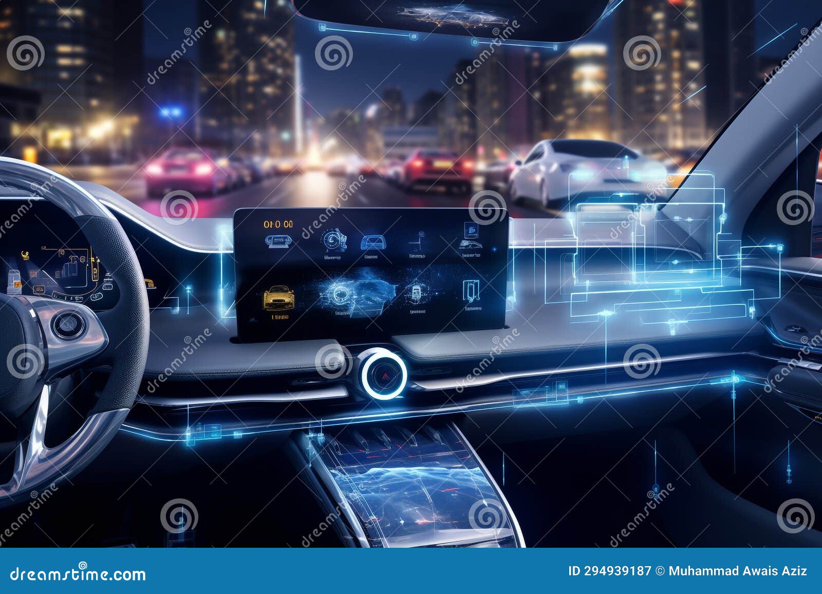 Modern Car Interior with Control Panel, Steering Wheel and Dashboard ...