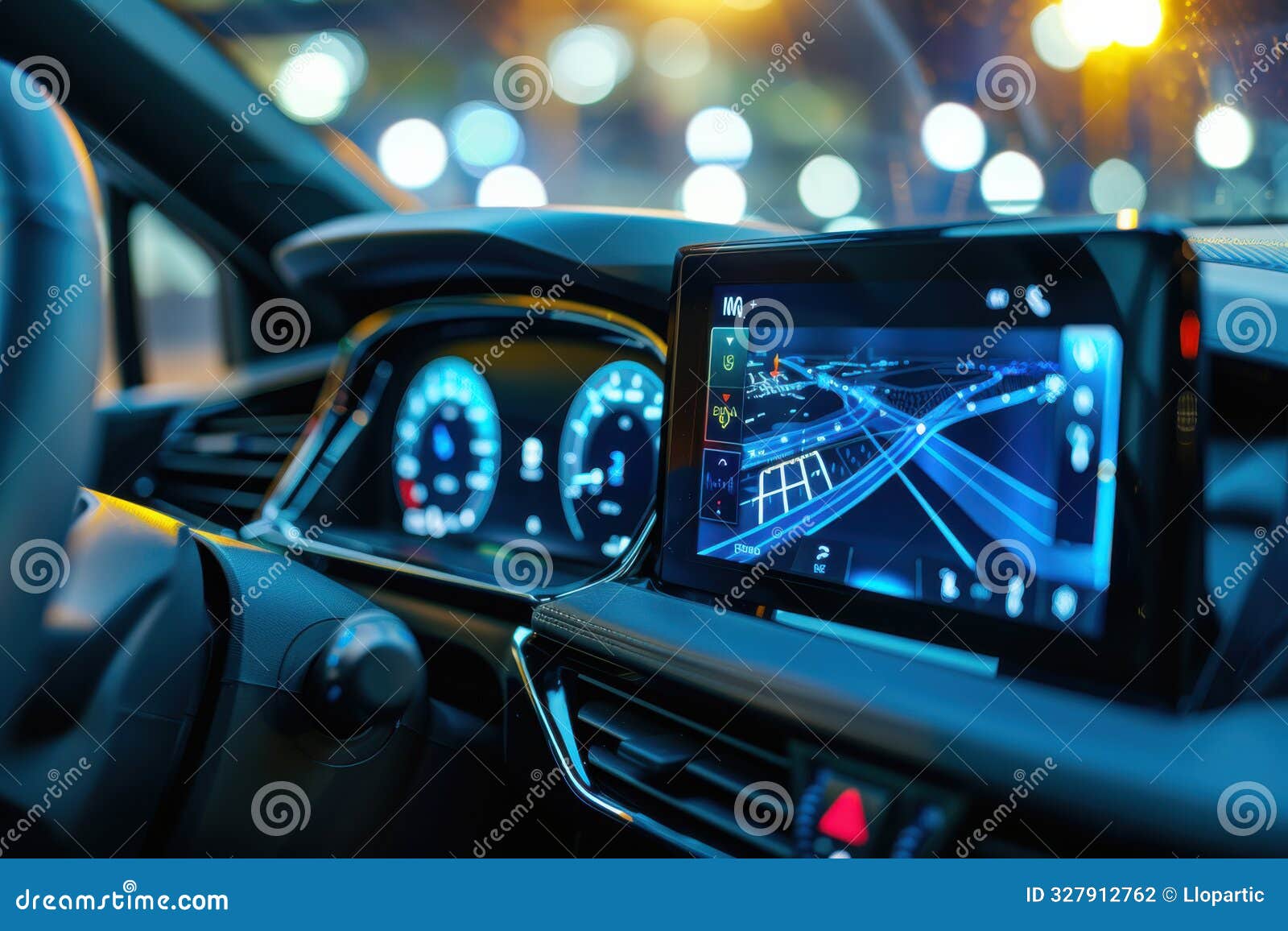 Modern Car Interior with a Sleek Dashboard, Illuminated Controls, and a ...
