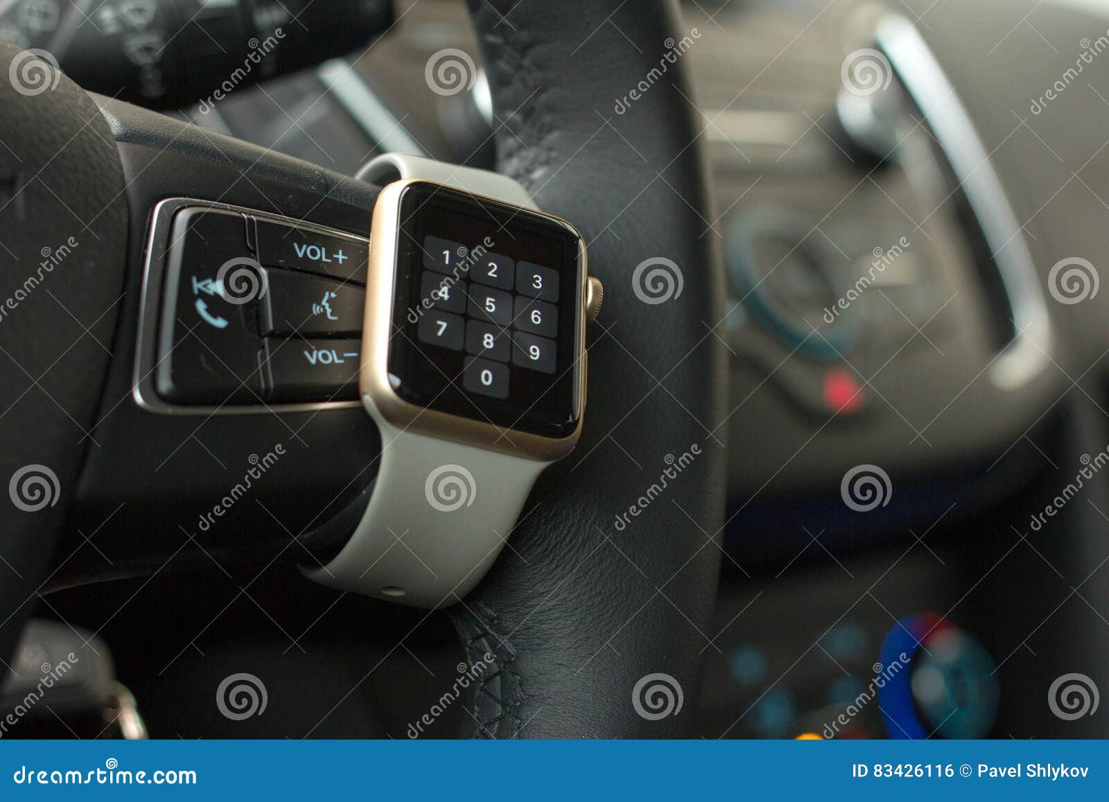 Modern Car Interior with Smart Watch on Steering Wheel Stock Photo ...