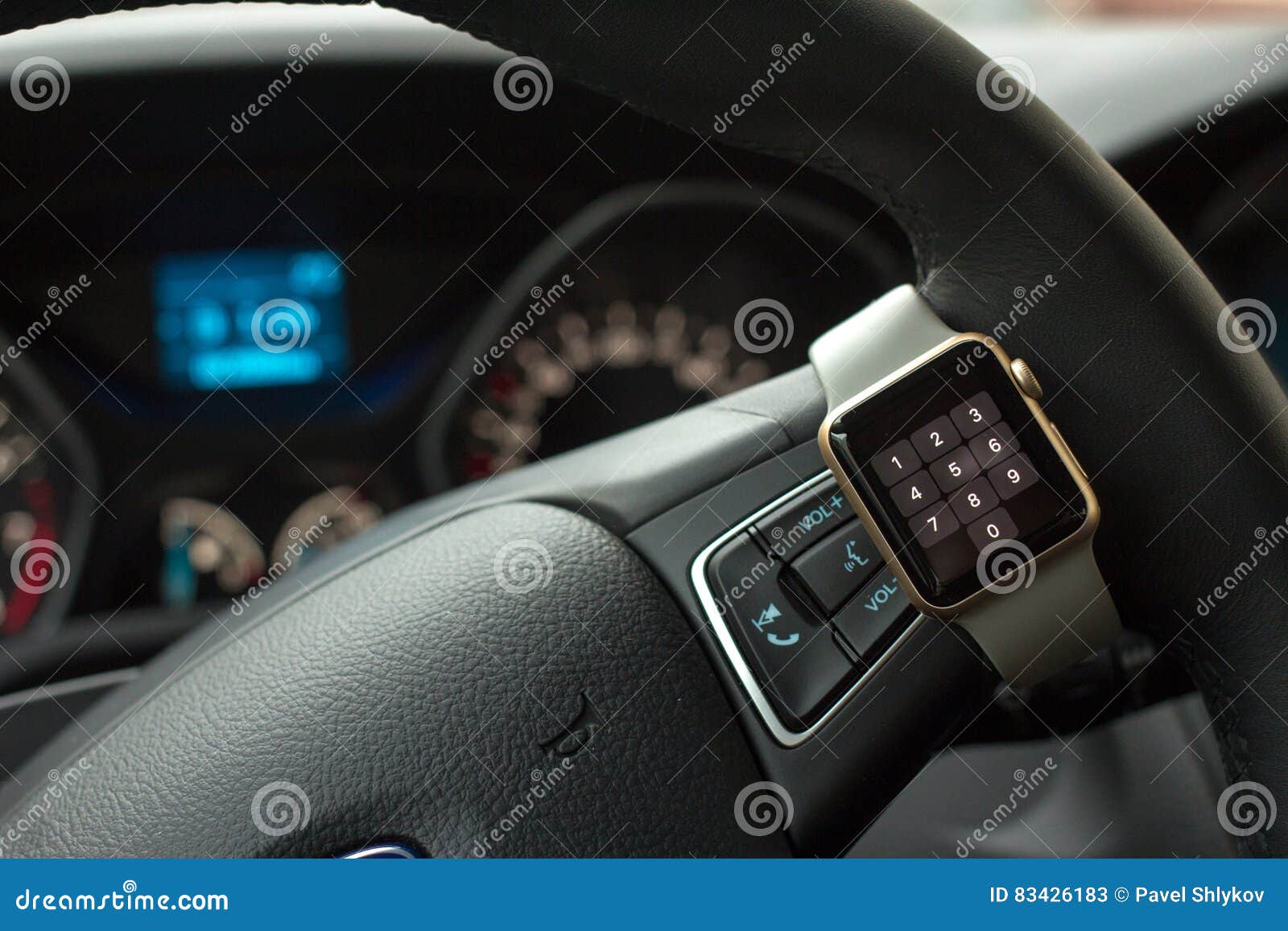 Modern Car Interior with Smart Watch on Steering Wheel Stock Image ...