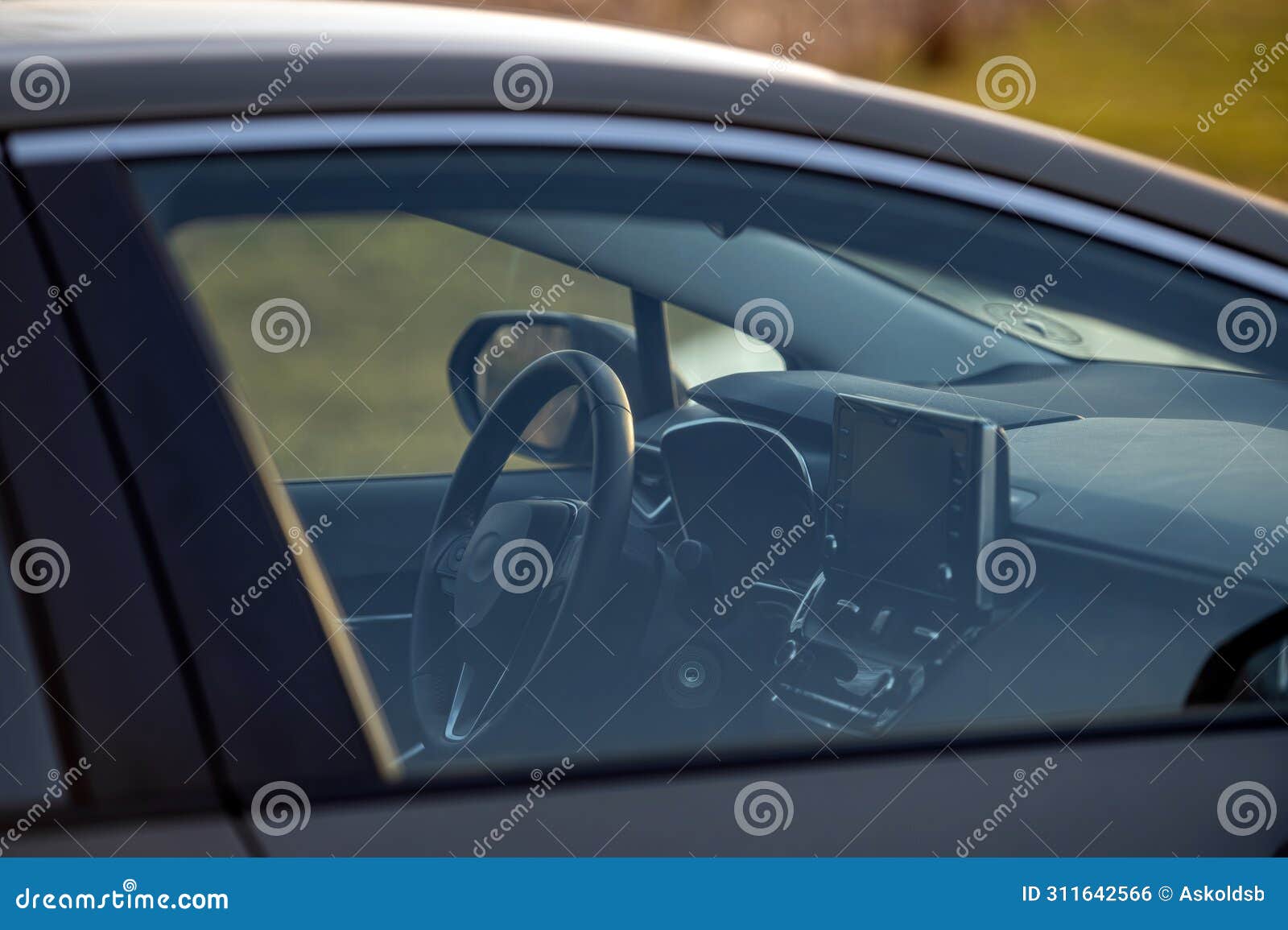 Modern Car Interior with Steering Wheel and Dashboard, Shallow Depth of ...