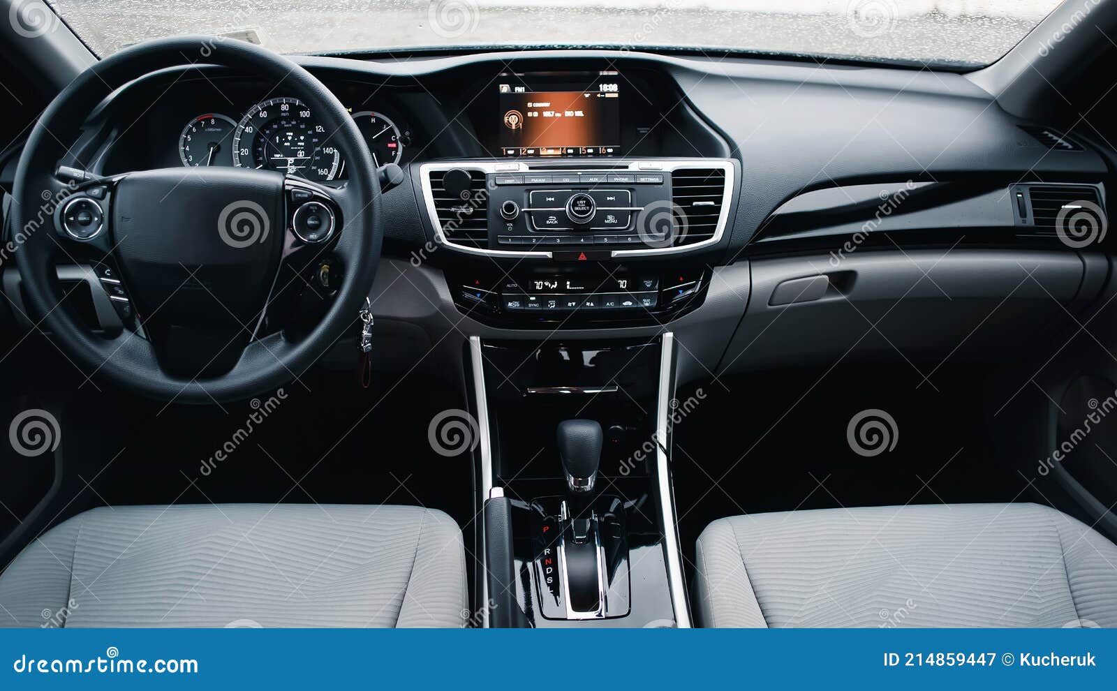 Modern Car Interior. Steering Wheel, Shift Lever and Dashboard. Detail ...
