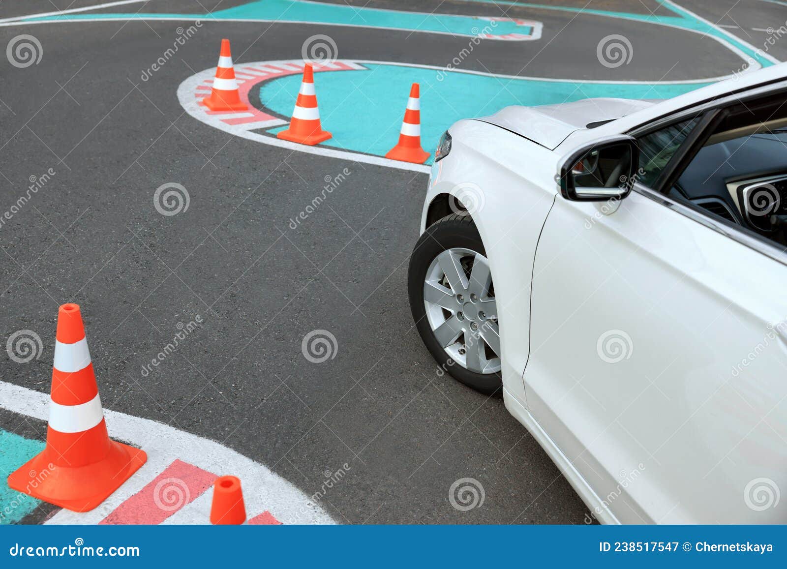 Modern Car on Test Track with Traffic Cones, Above View. Driving School ...
