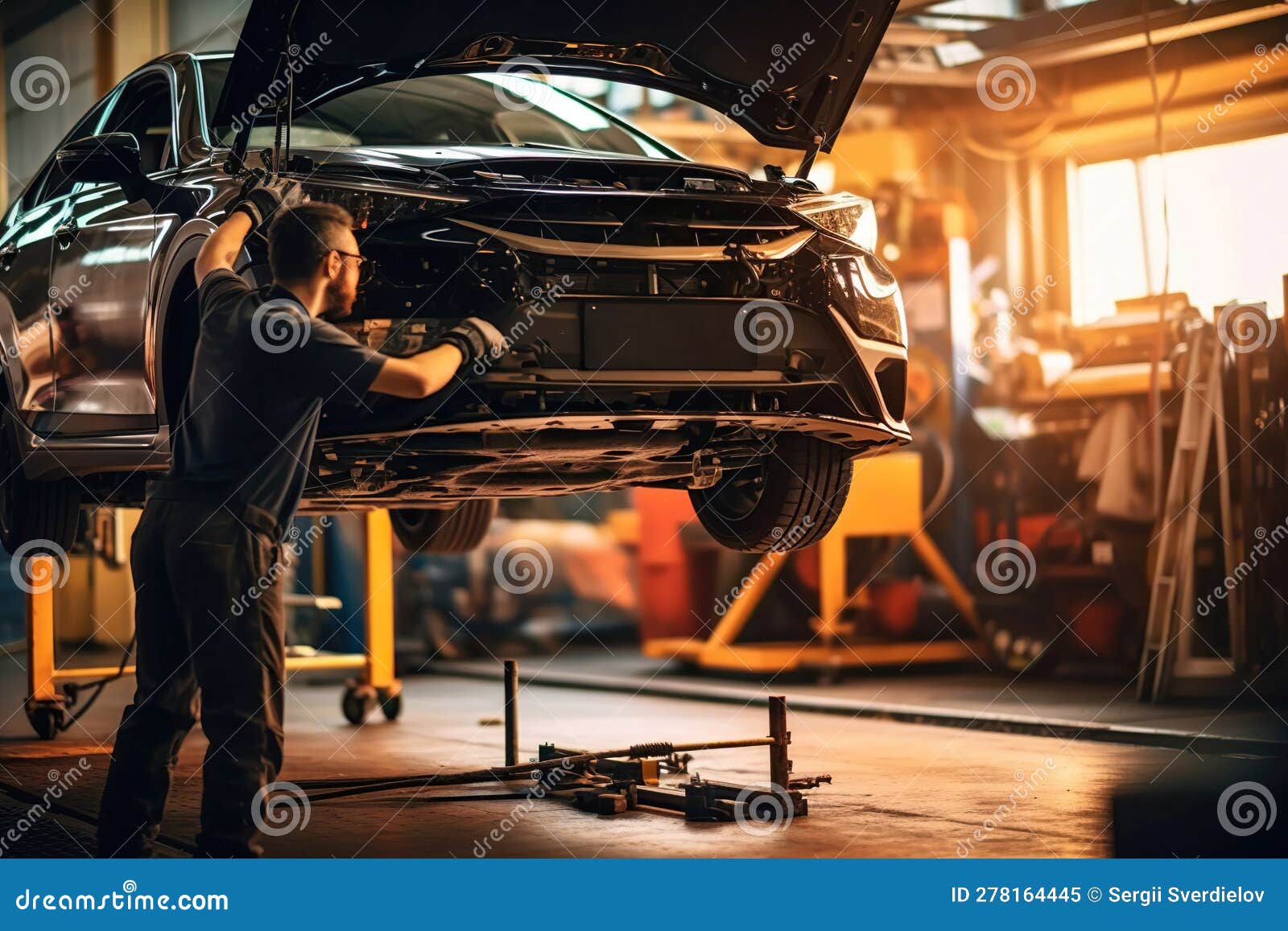 Modern Car Undergoing Repairs At A Service Station. Skilled Technicians ...
