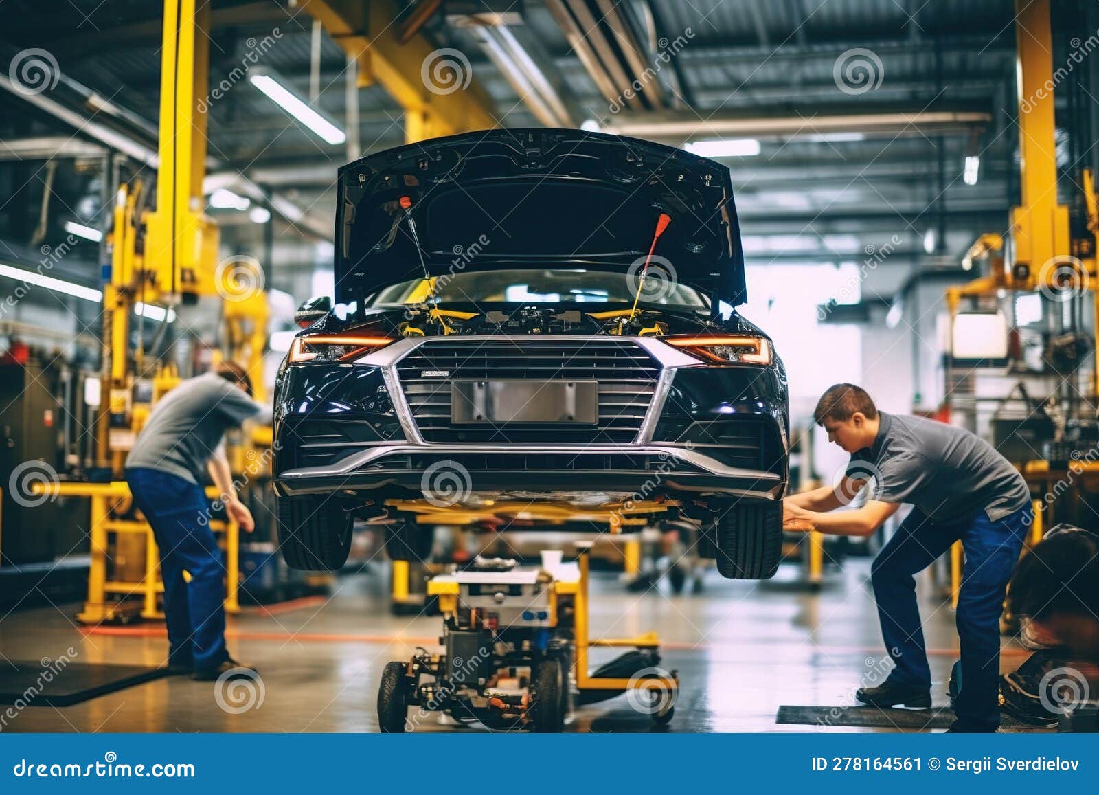Modern Car Undergoing Repairs At A Service Station. Skilled Technicians ...