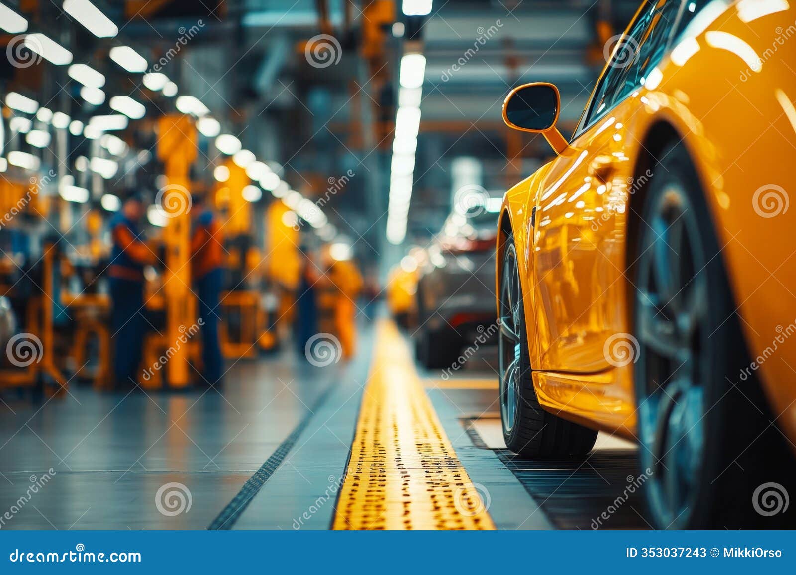 A Modern Car Workshop Interior Featuring Mechanics at Work with Vibrant ...