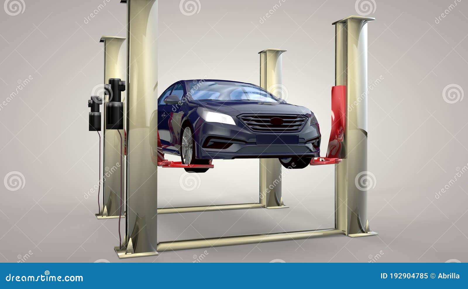 Modern Car in a Workshop on a Lift. 3D Rendering Stock Illustration ...