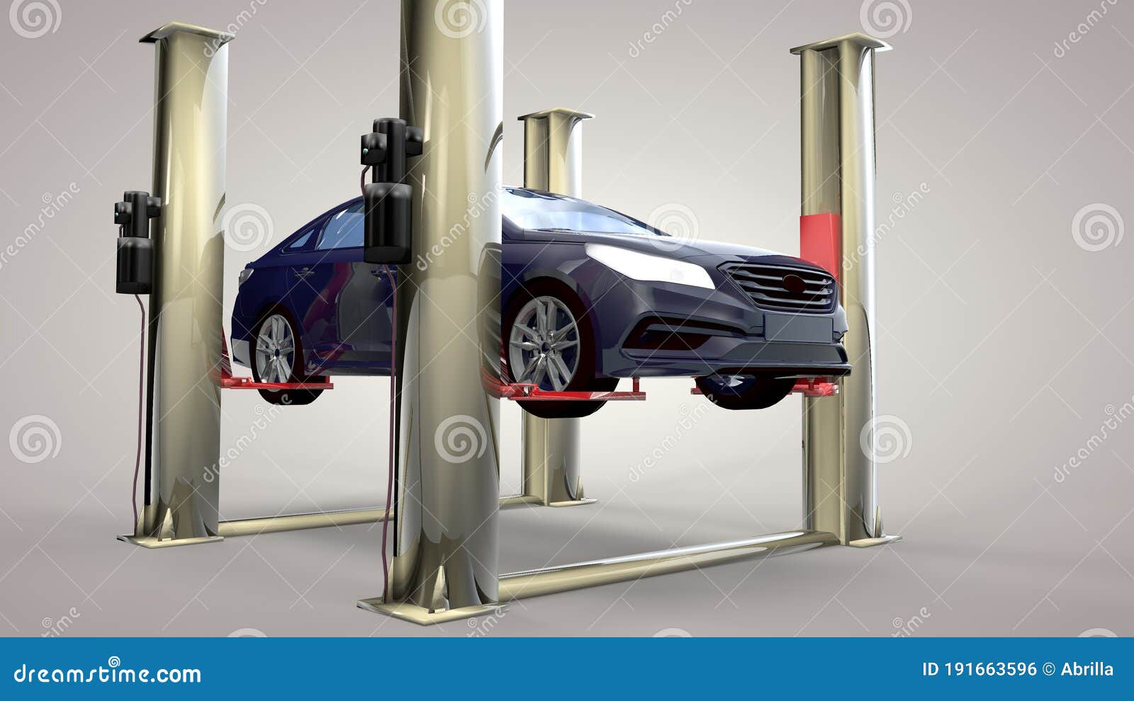 Modern Car in a Workshop on a Lift. 3D Rendering Stock Illustration ...