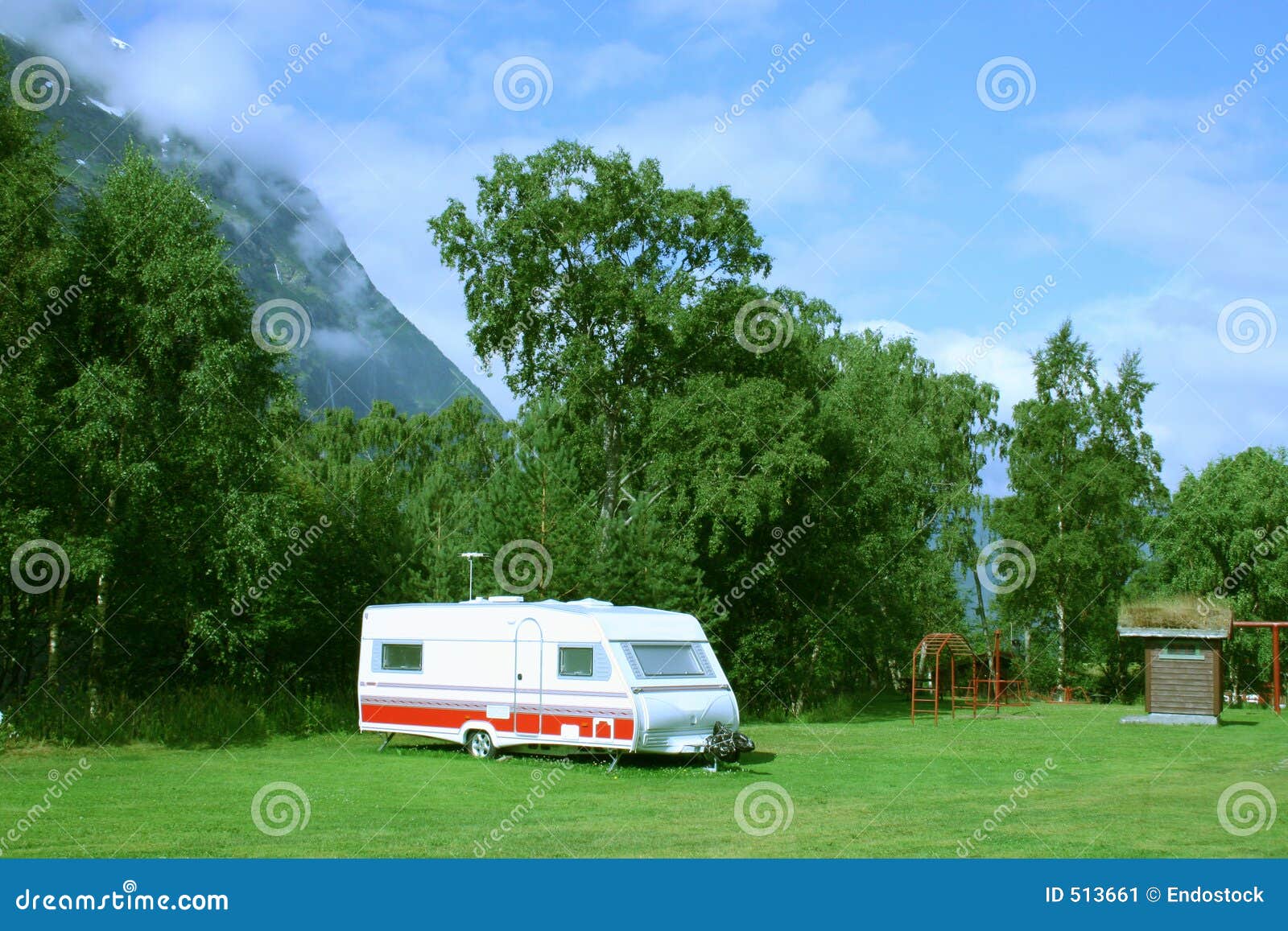 Modern Caravan at the Campsite in the Mountains Stock Image - Image of ...