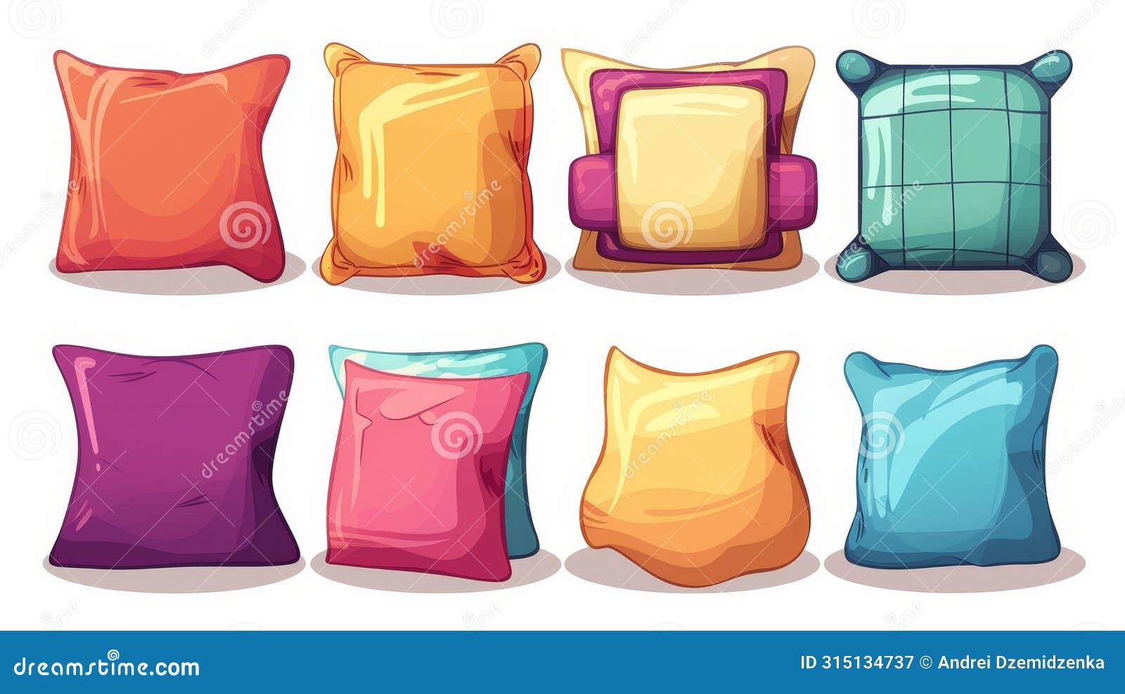 Modern Cartoon Set with Cute Soft Pillows for Bed and Sofa. Square and ...