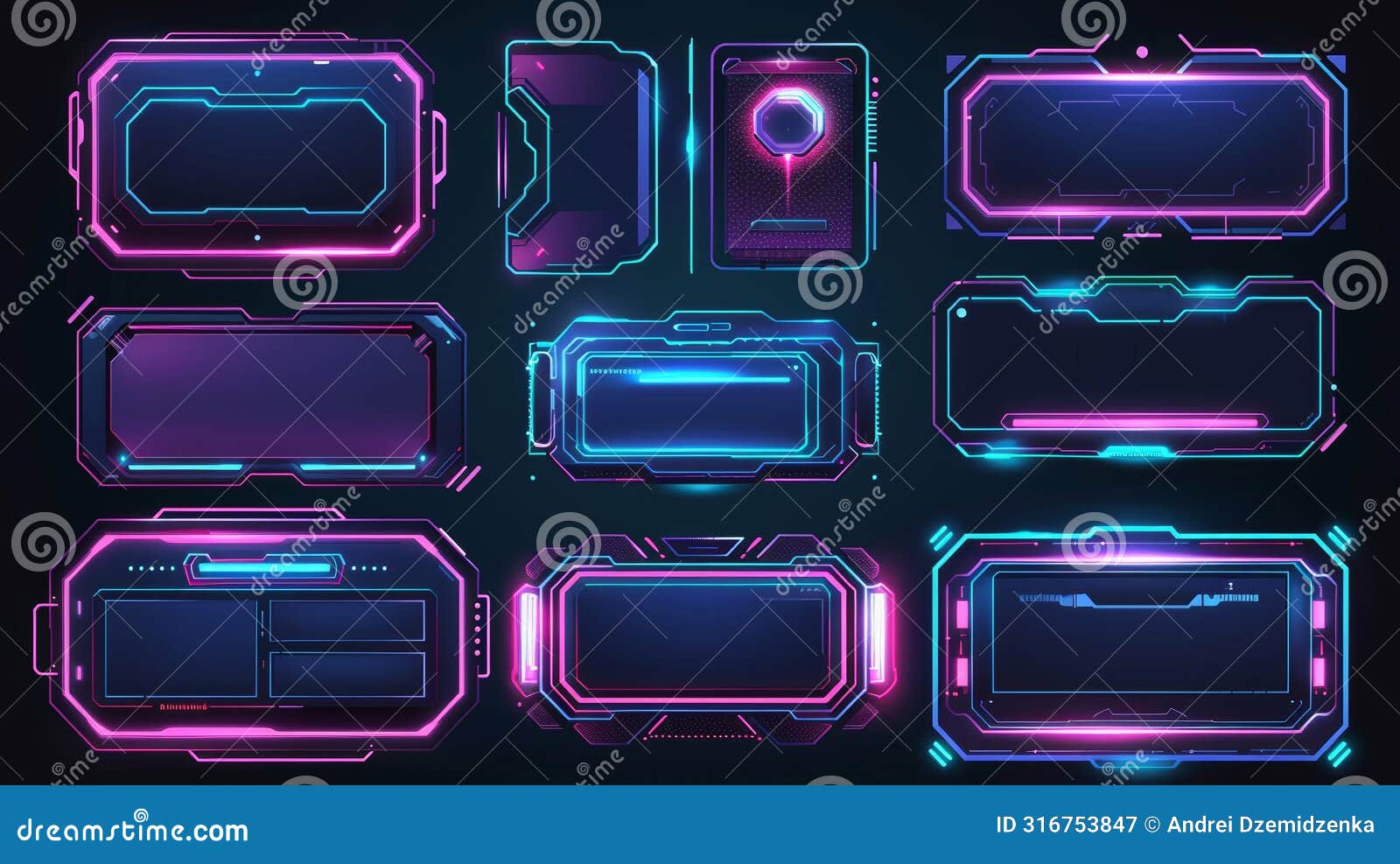 Modern Cartoon Set of Sci Fi Style Gui Elements with Blue and Pink Glow ...
