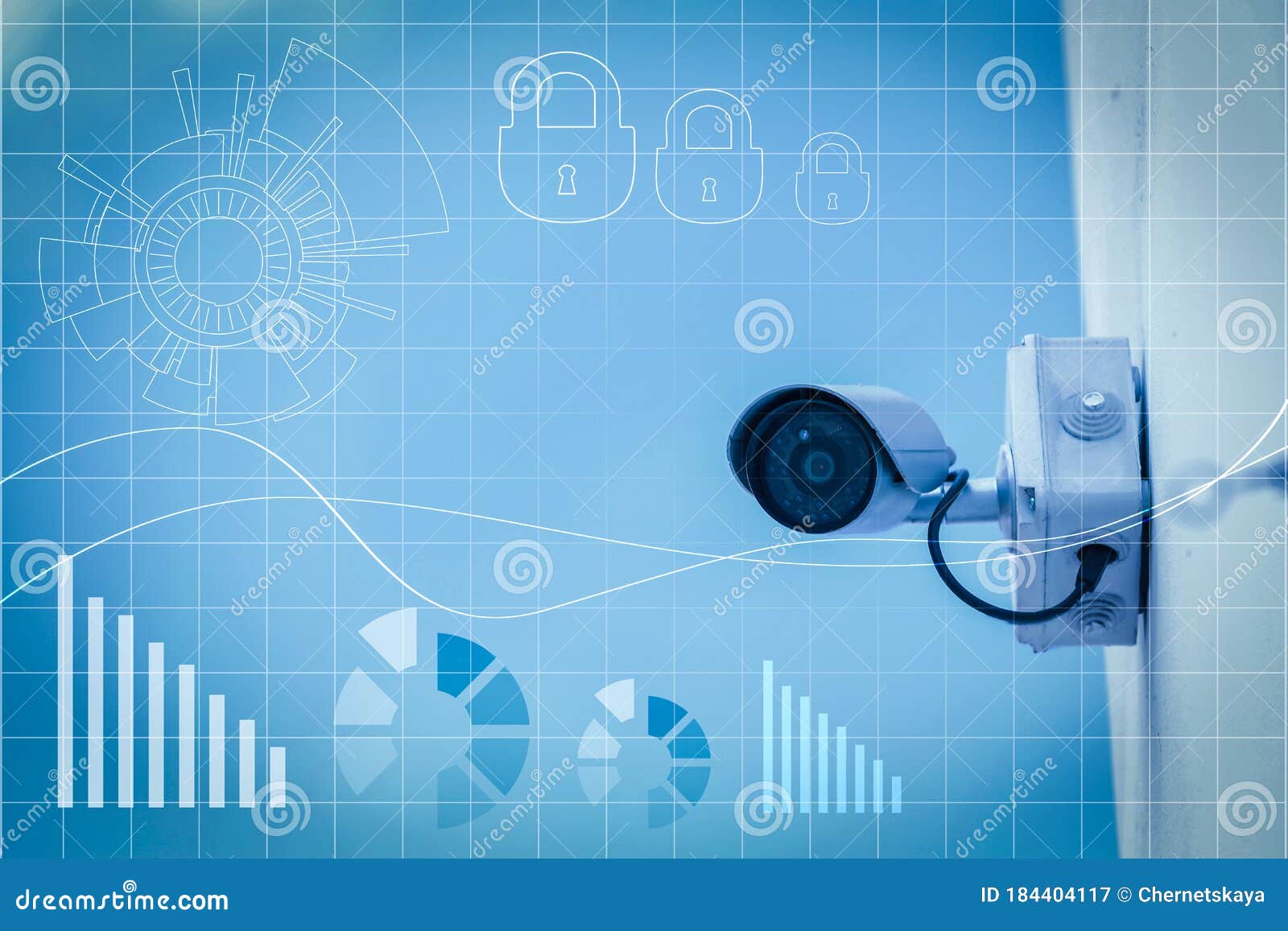 Modern CCTV Security Camera on Building Wall and Digital Graphics Stock ...