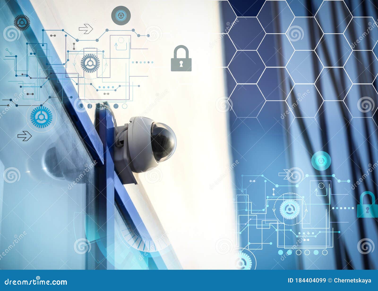 Modern CCTV Security Camera on Building Wall and Digital Schemas Stock ...