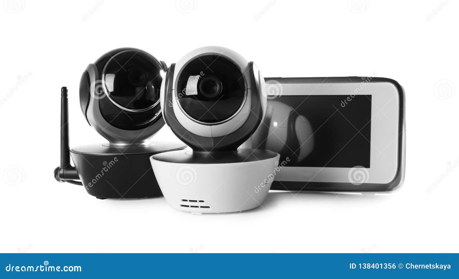 Modern CCTV Security Cameras and Monitor on White Background. Stock ...