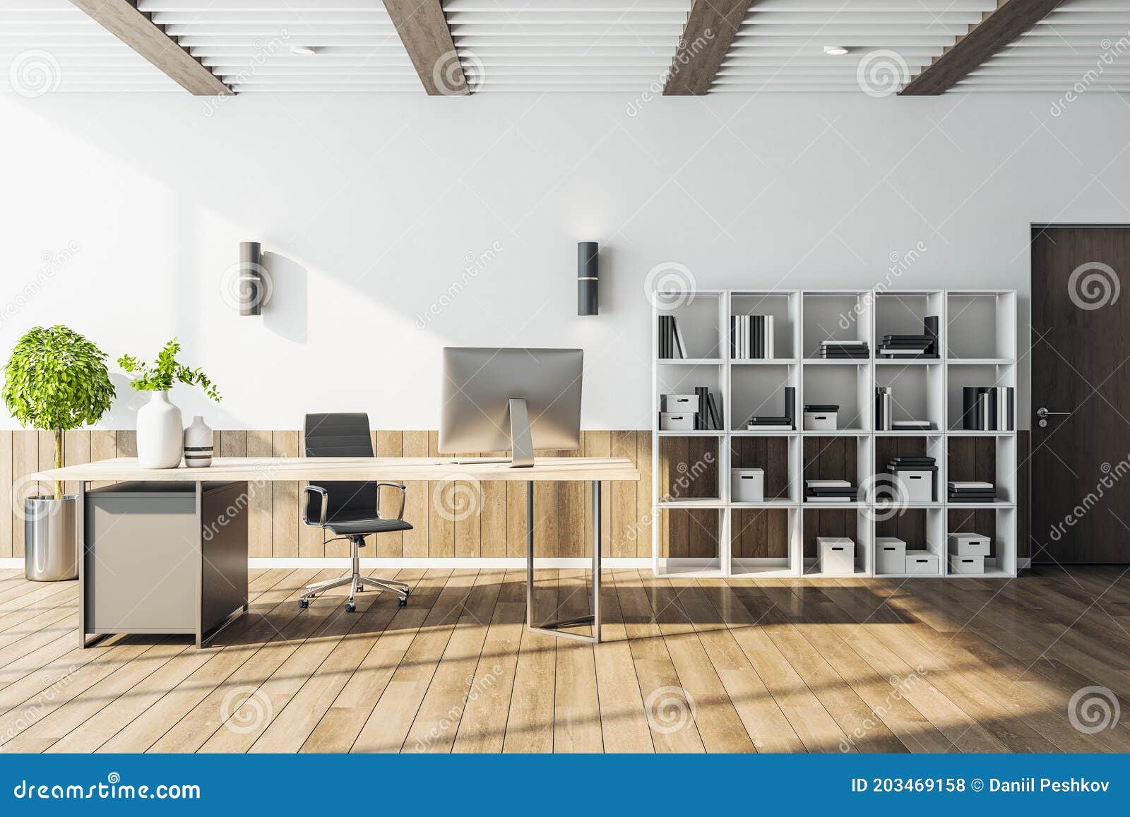 Modern CEO Office with Computer and Shelves with Documents Stock ...