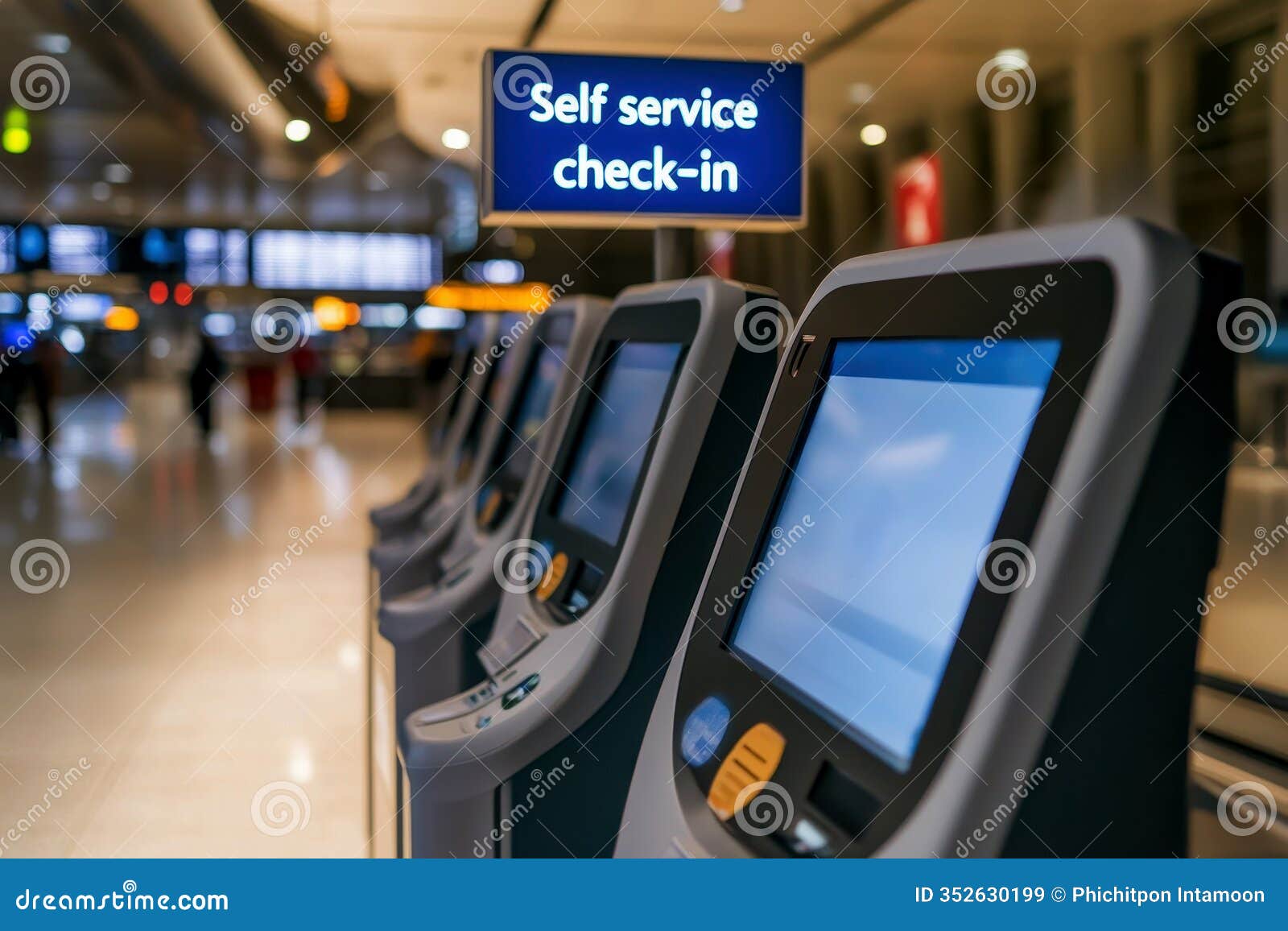 Modern Check-in Counters with Self Service Kiosks in Airport ...