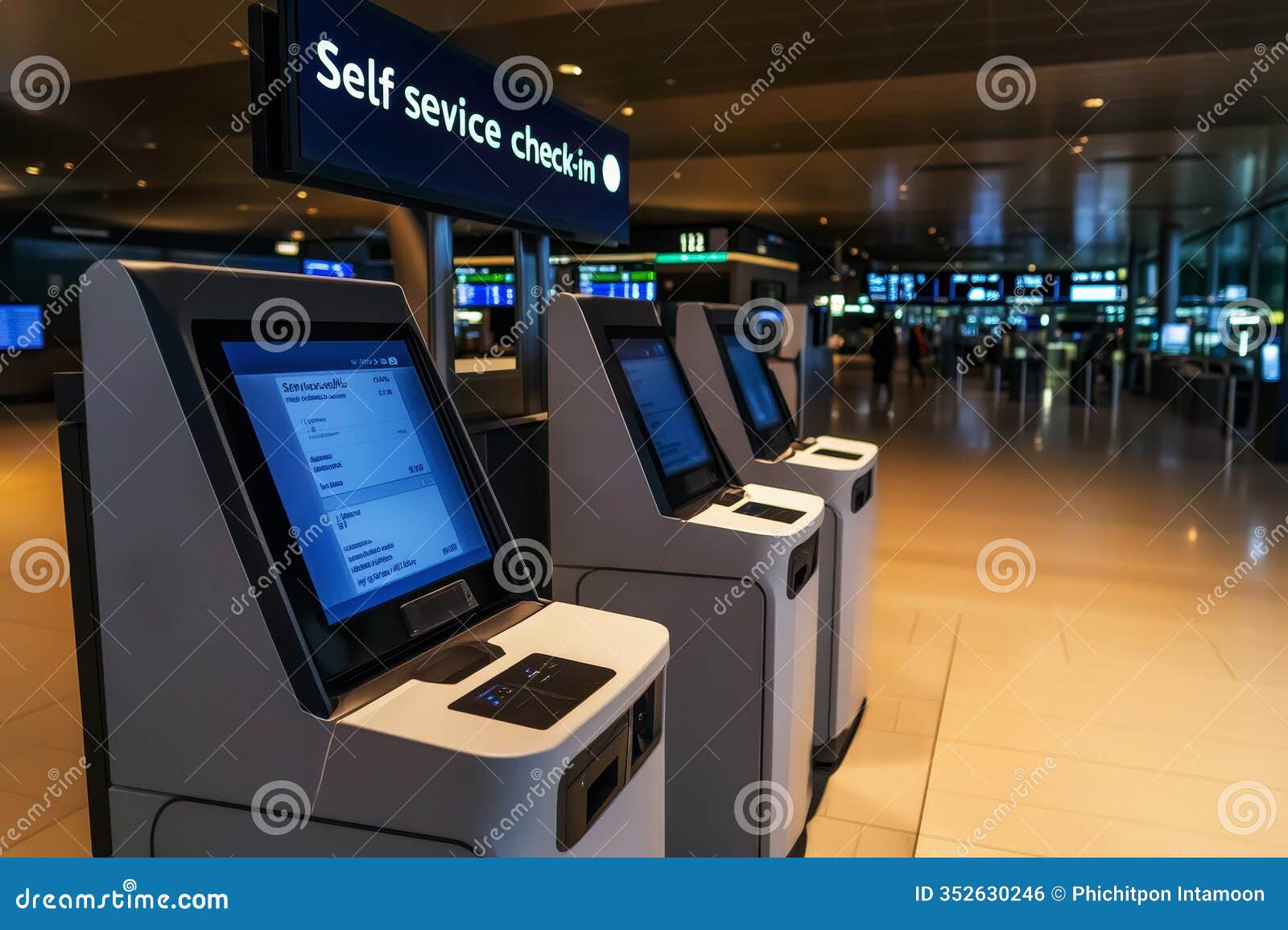 Modern Check-in Counters with Self Service Kiosks in Airport ...