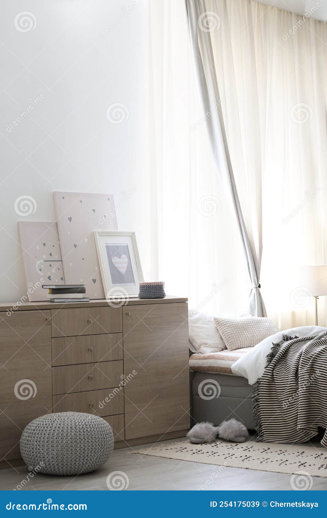 Modern Chest of Drawers in Beautiful Bedroom. Interior Design Stock ...