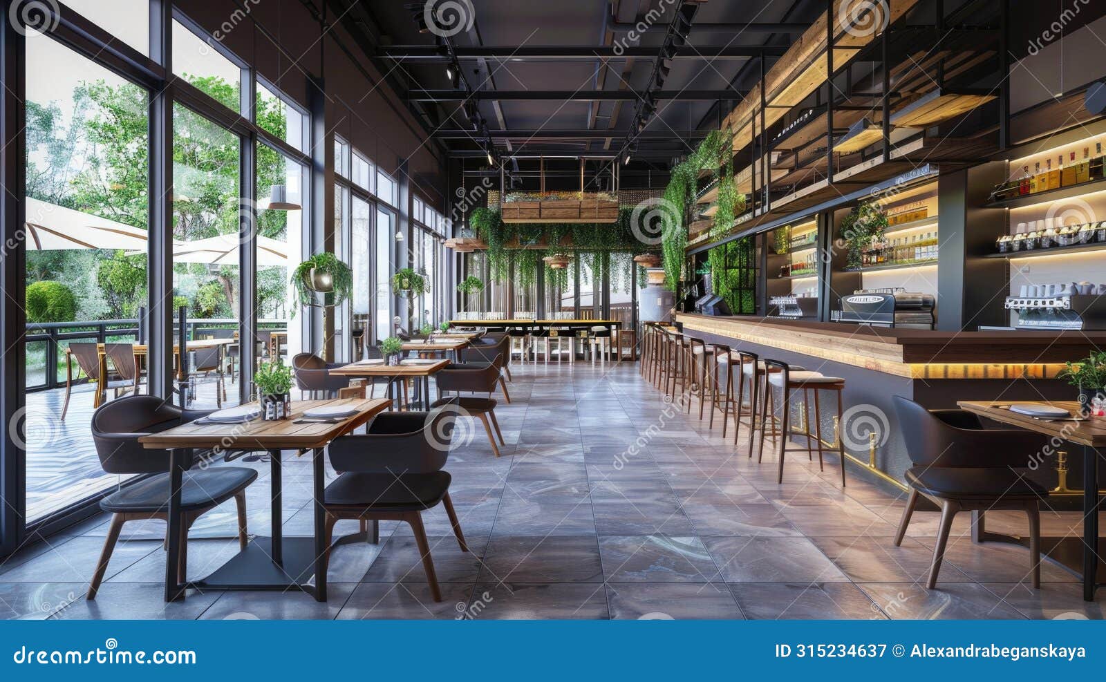 Modern Chic Cafe Interior with Lush Greenery and Natural Light Stock ...