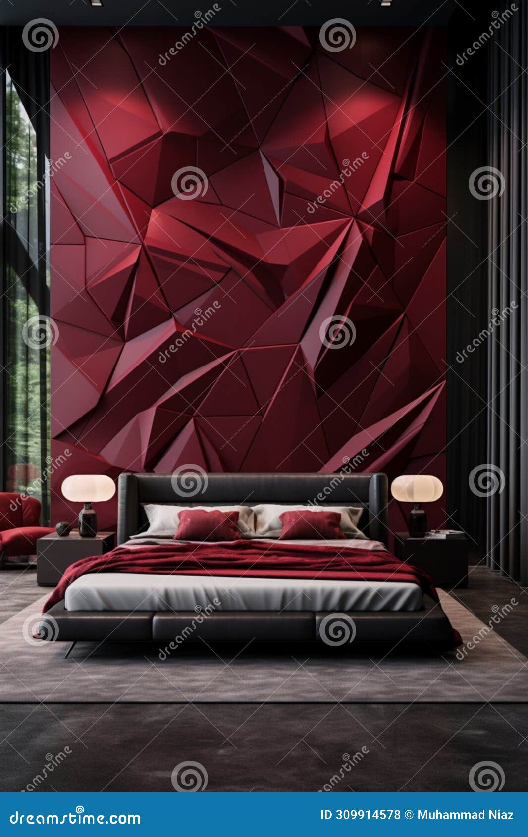 A Modern and Chic Living Bedroom Featuring a Stunning Ruby-colored 3D ...