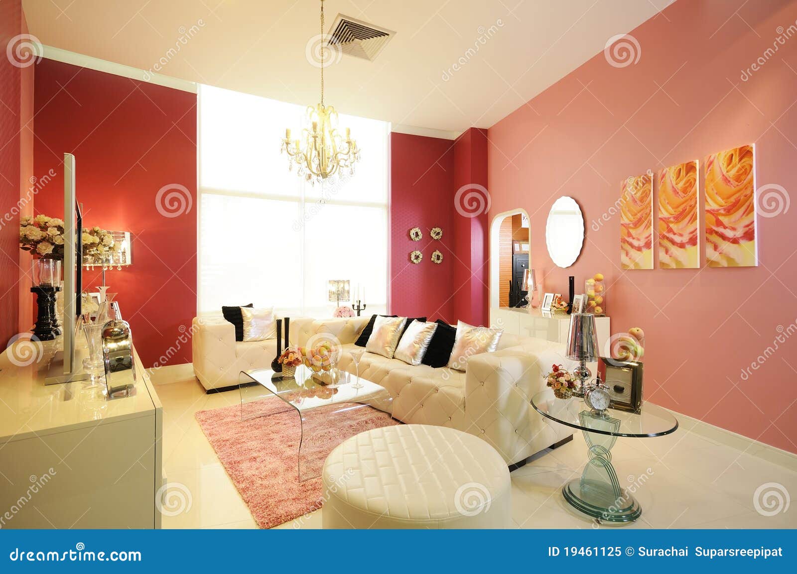 Modern Chic Classic Interior With Blue Sofa And Stools Stock ...